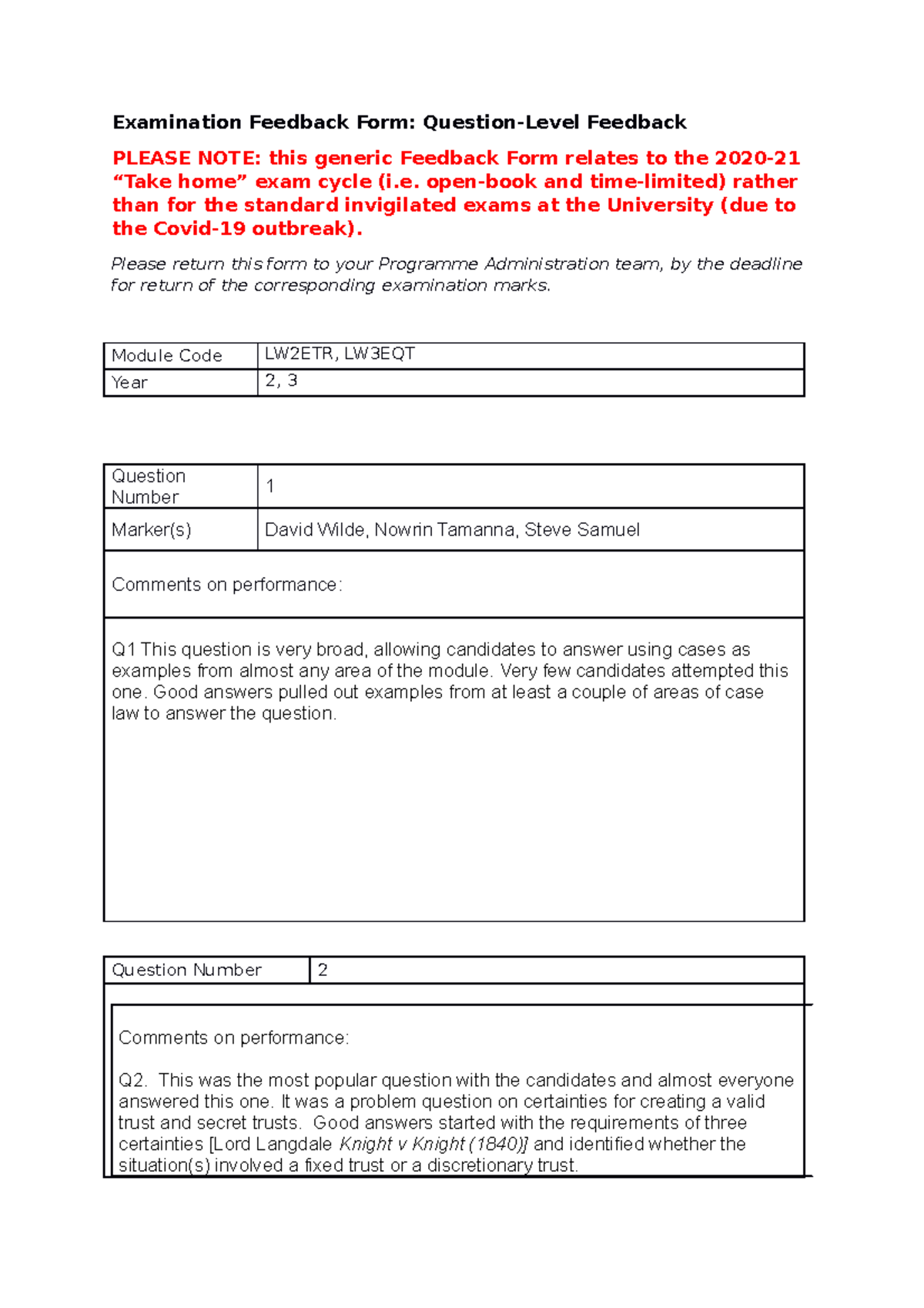 Generic Feedback Exam 2020-21 - Examination Feedback Form: Question ...