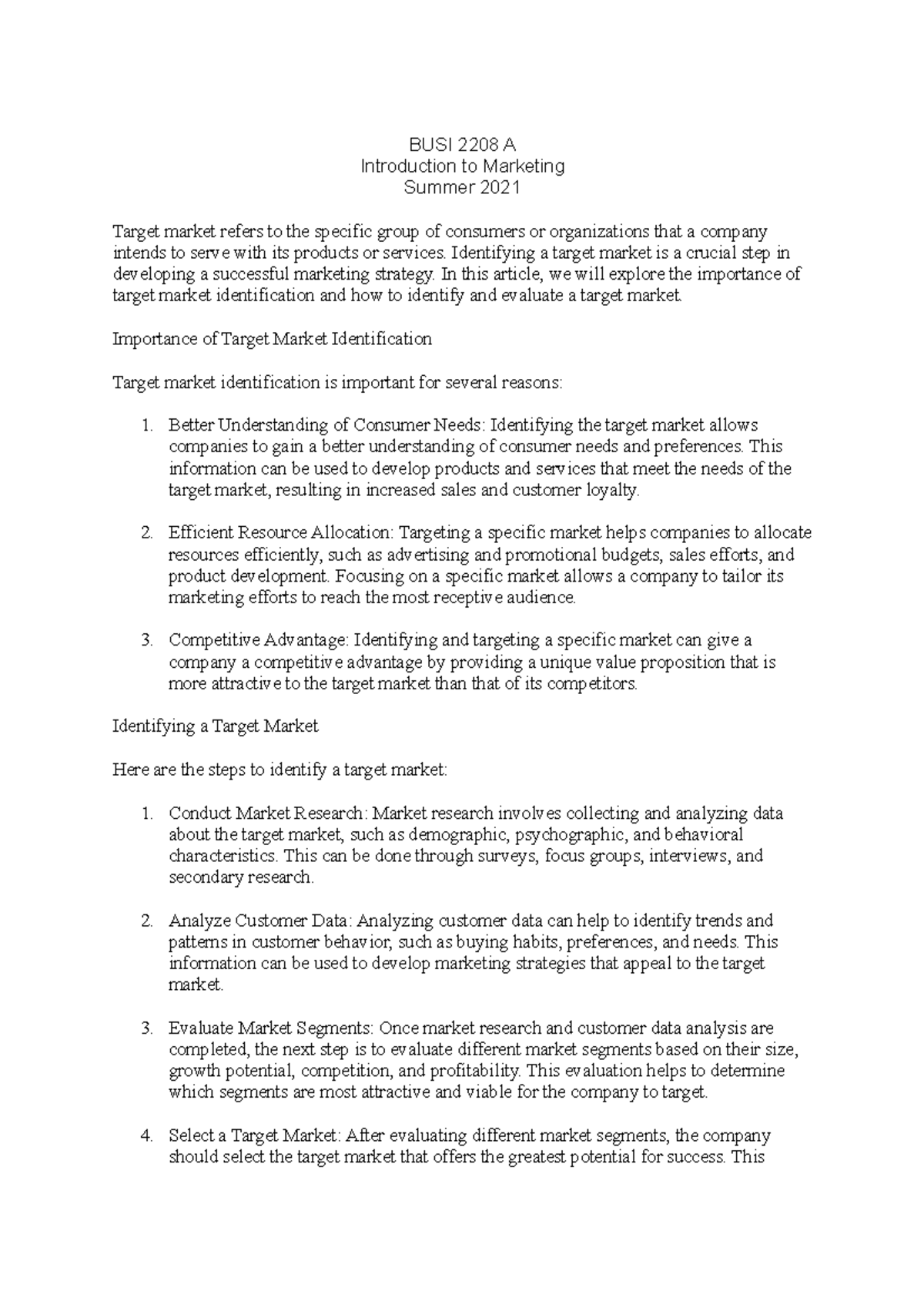 Target Market - BUSI 2208 A Introduction to Marketing Summer 2021 ...