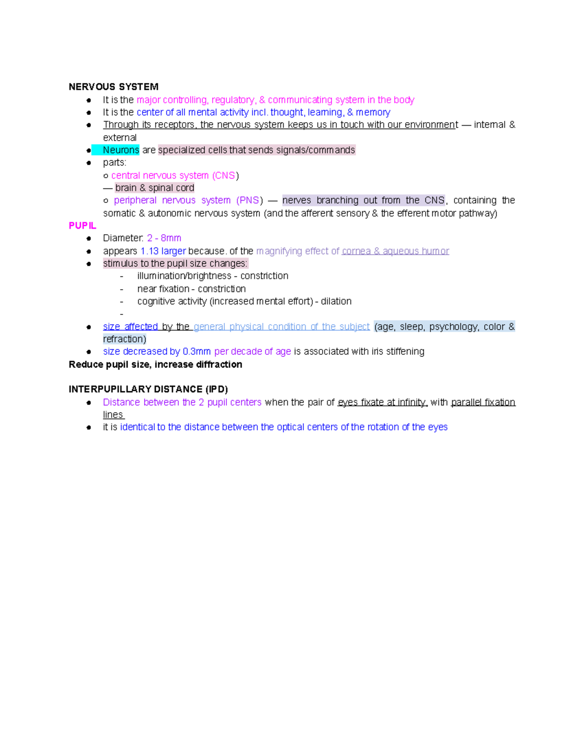 M1 Pupil - Physiological Optics 2 (NOTES) - NERVOUS SYSTEM It is the ...