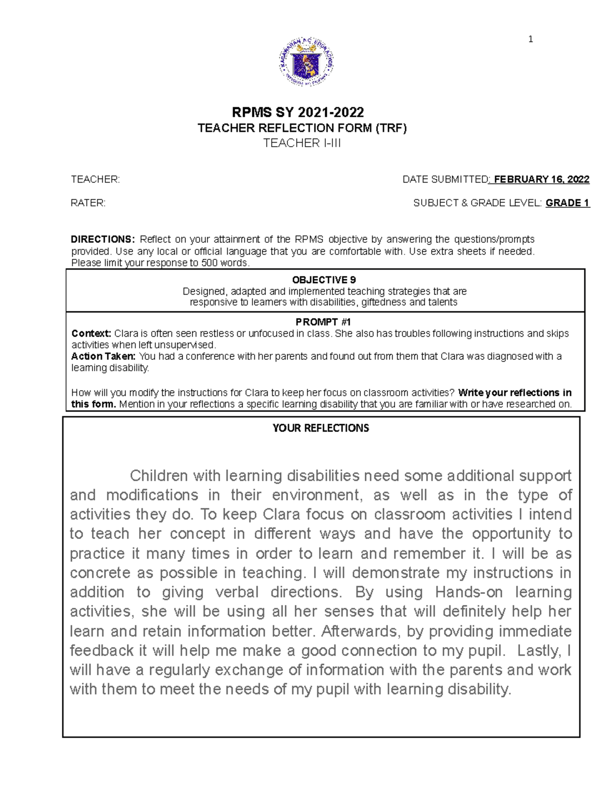 Trf - LECTURE - 1 RPMS SY 2021- TEACHER REFLECTION FORM (TRF) TEACHER I ...
