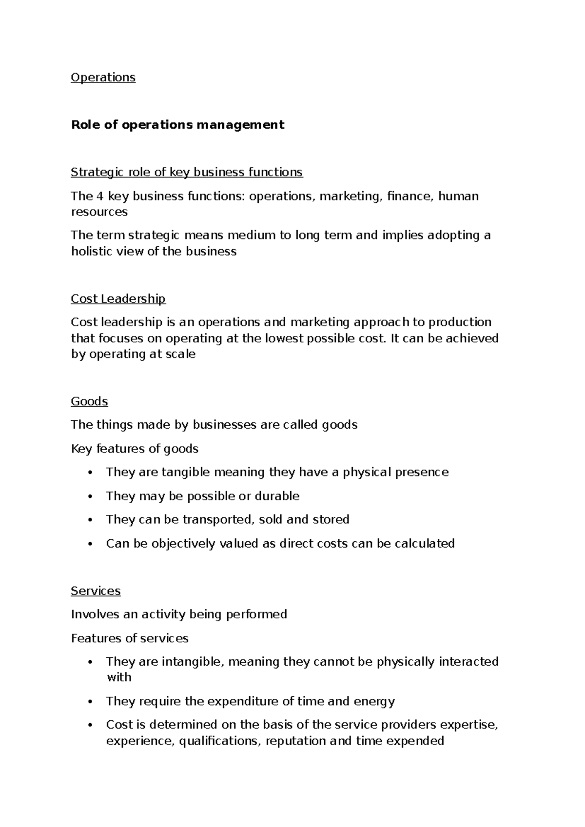 Business studies - Operations Role of operations management Strategic ...