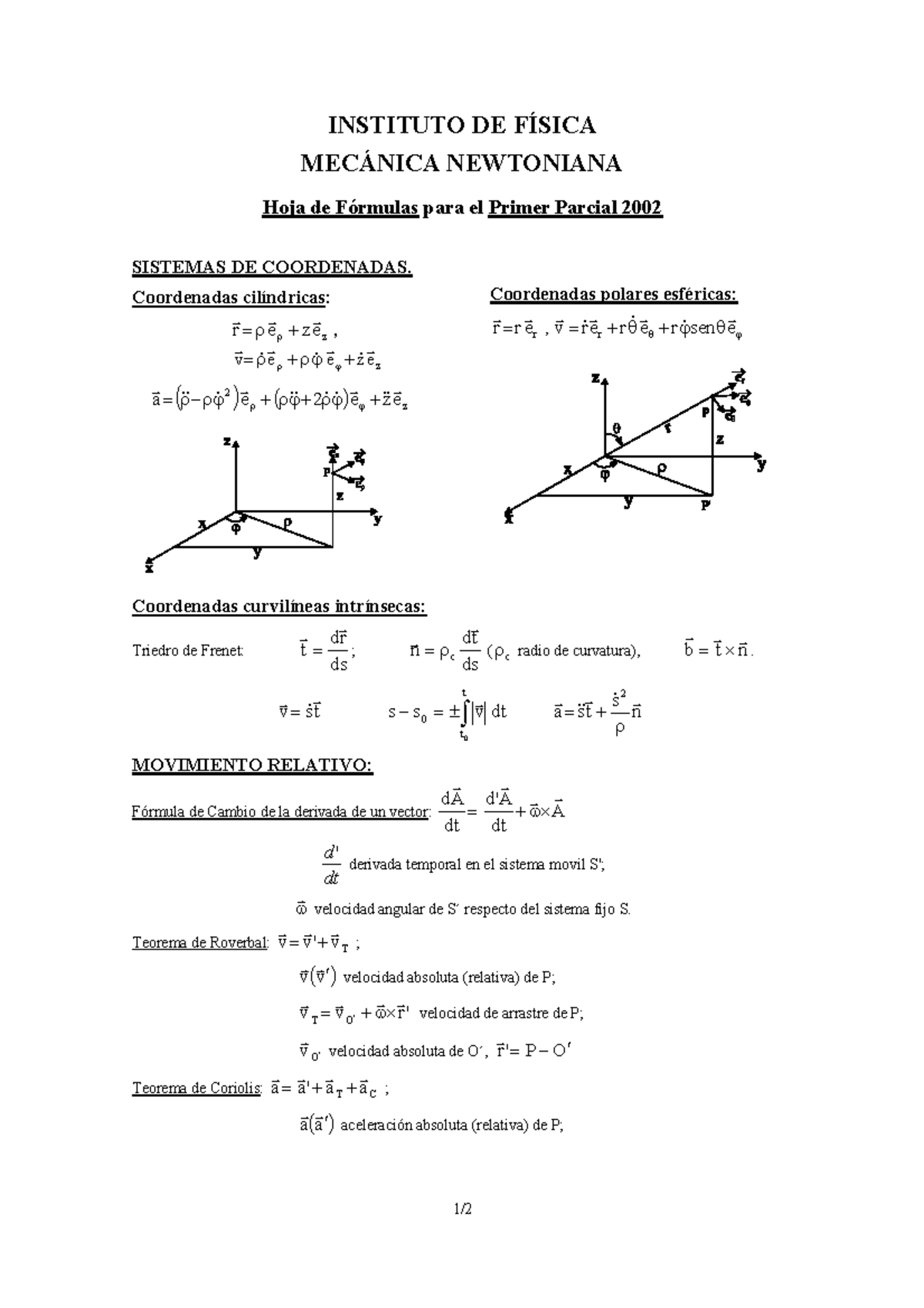 Mecanica Clasica Formulario - 1/ INSTITUTO DE FÍSICA MECÁNICA ...