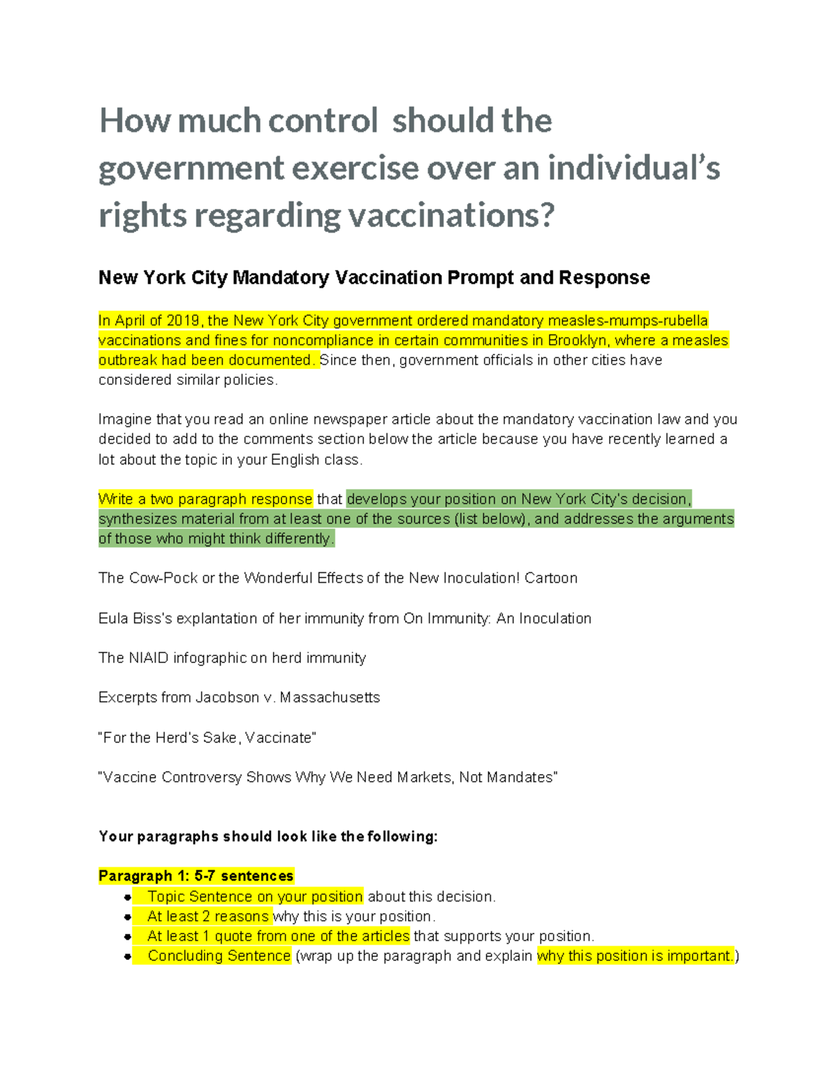 Copy of New York City Mandatory Vaccination Prompt and Response ...