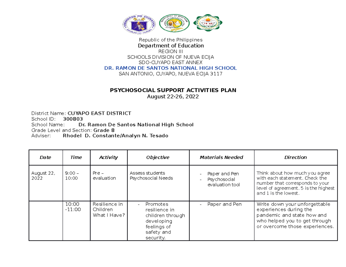 PSAP- Grade-8 - Psychosocial activities - PSYCHOSOCIAL SUPPORT ...