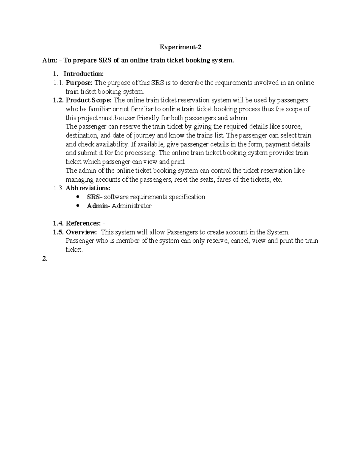Experiment-2 - HJYYC - Experiment- Aim: - To prepare SRS of an online ...