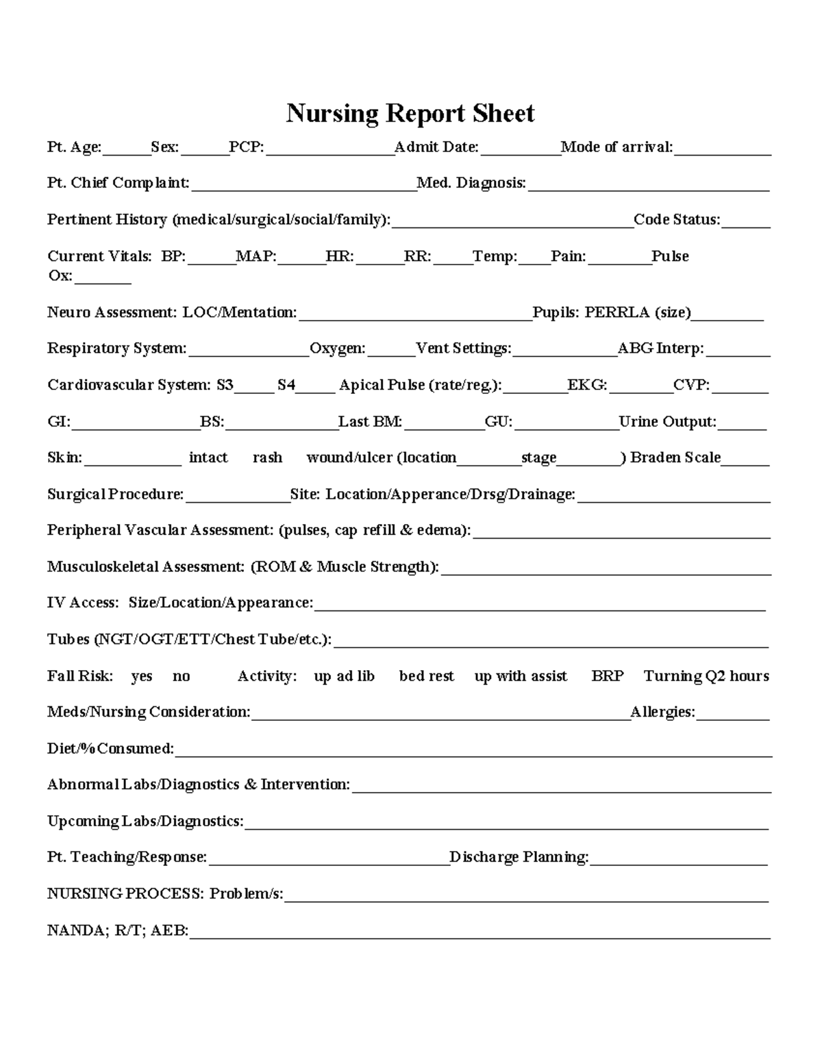 Nursing Report Blank - egsgesdg ffk fk fjksaf kafk. ffsdf leac notes ...