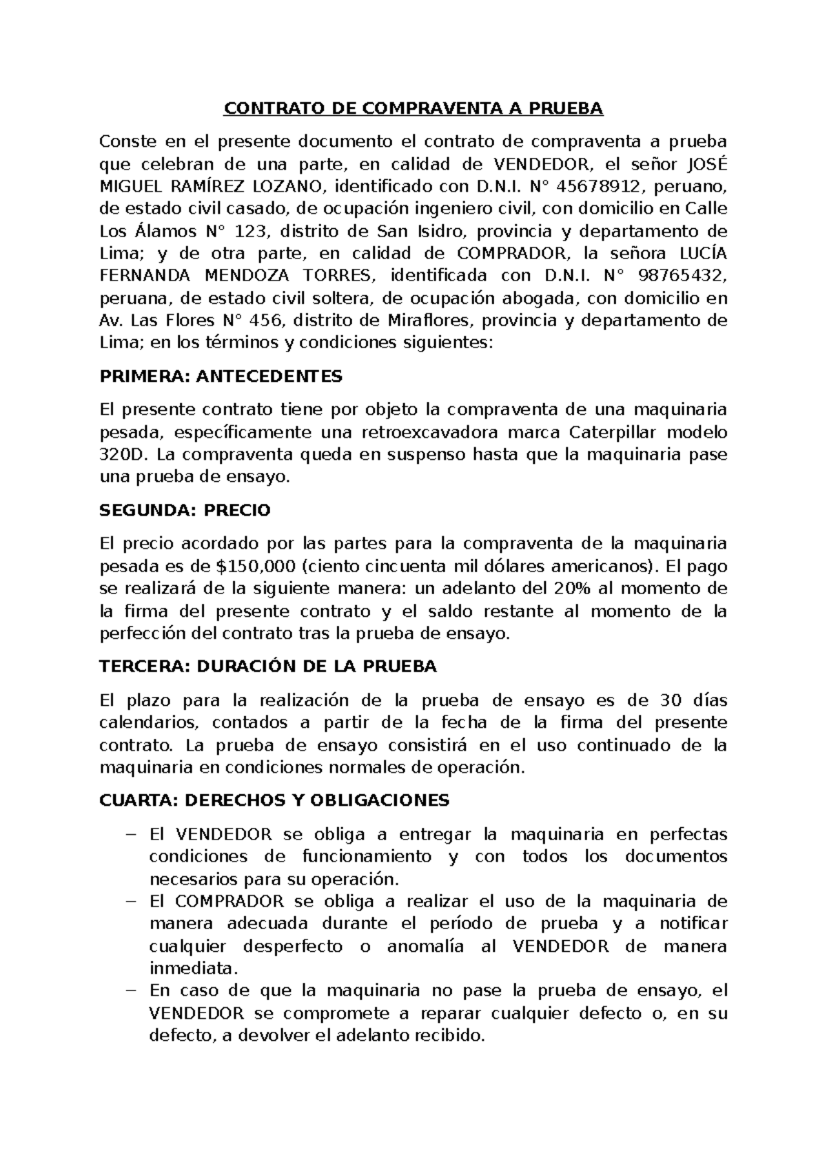 Contrato DE Compraventa A Prueba - CONTRATO DE COMPRAVENTA A PRUEBA ...