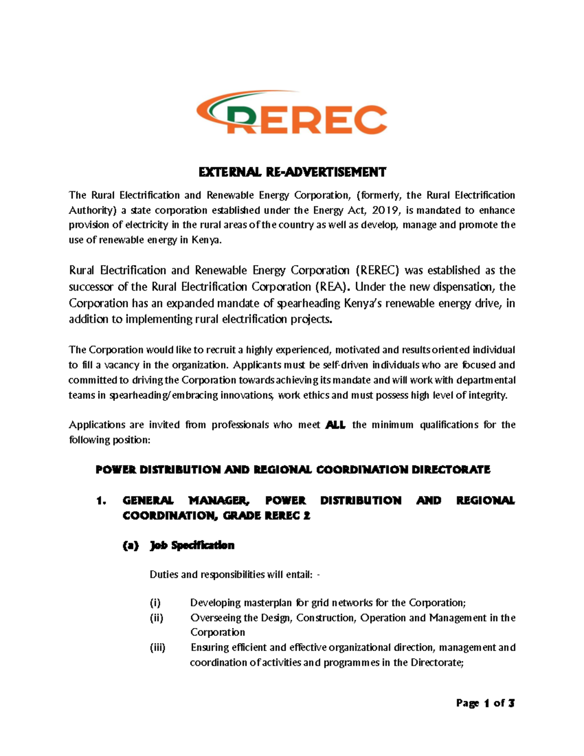 Power Distribution AND Regional Coordination Directorate - Page 1 of 3 EXTERNAL RE-ADVERTISEMENT ...