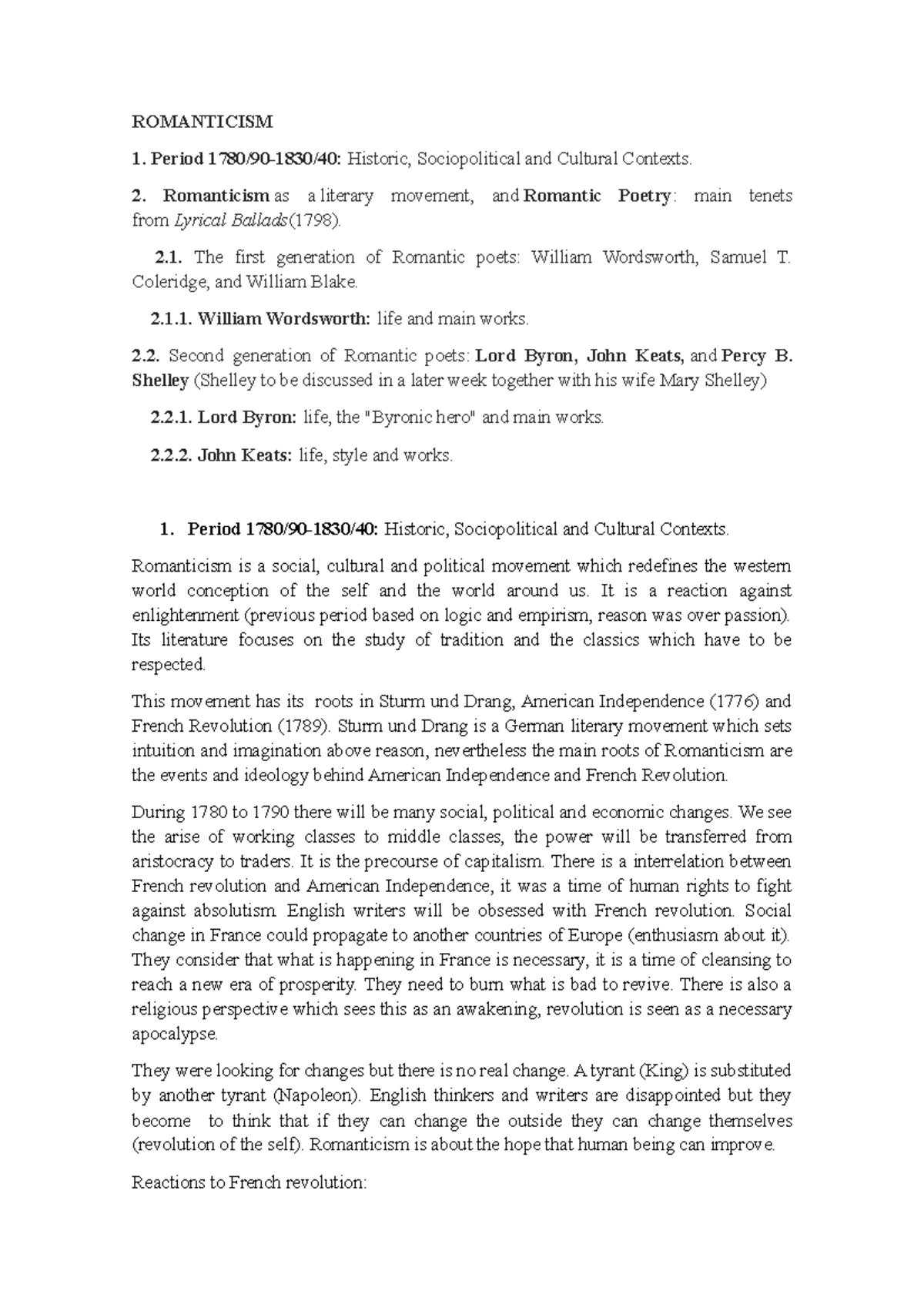 Romanticism almost completed - ROMANTICISM 1. Period 1780/90-1830/40 ...