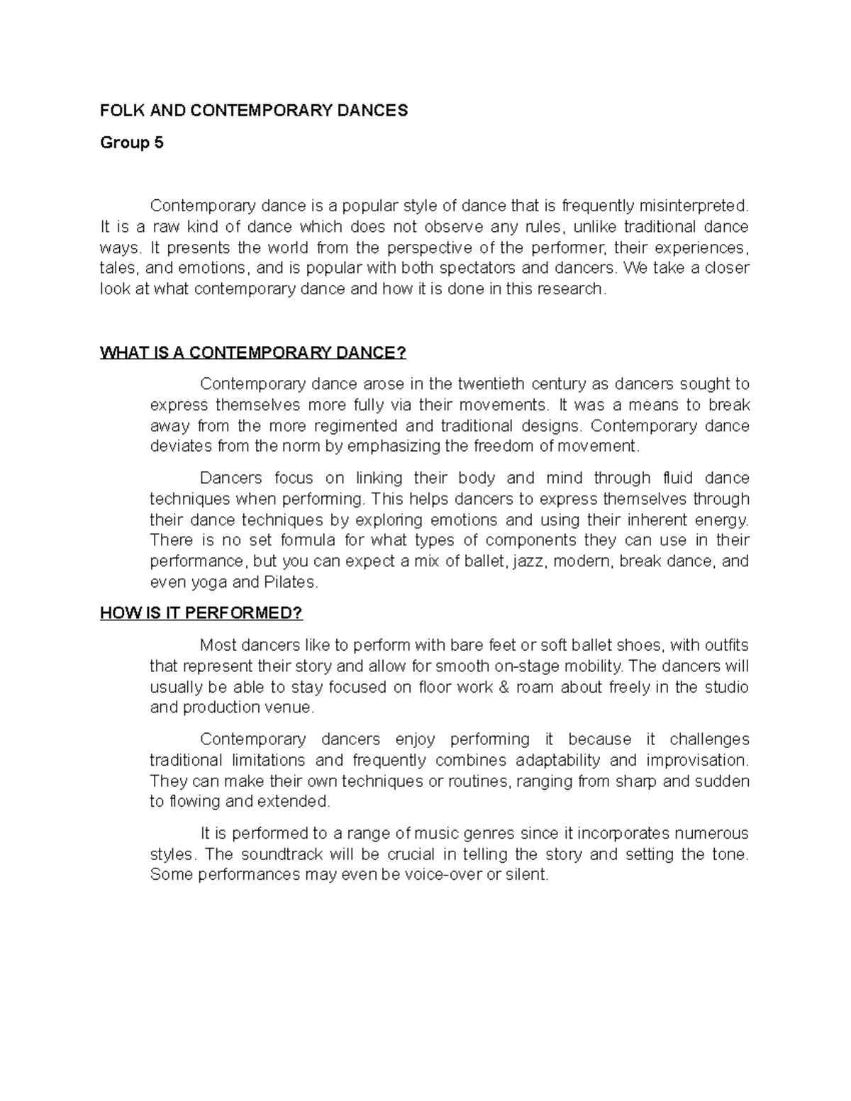 Contemporary Dance Research - FOLK AND CONTEMPORARY DANCES Group 5 ...