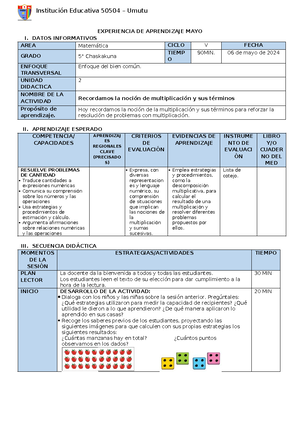 U2 Sesion 5 Comunicación Escribimos un poema a mamá - EXPERIENCIA DE APRENDIZAJE MAYO I. DATOS ...