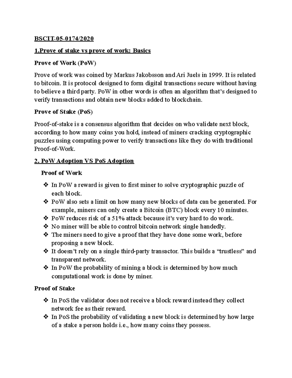 Assignment 1 blockchain - BSCIT-05-0174/ 1 of stake vs prove of work ...