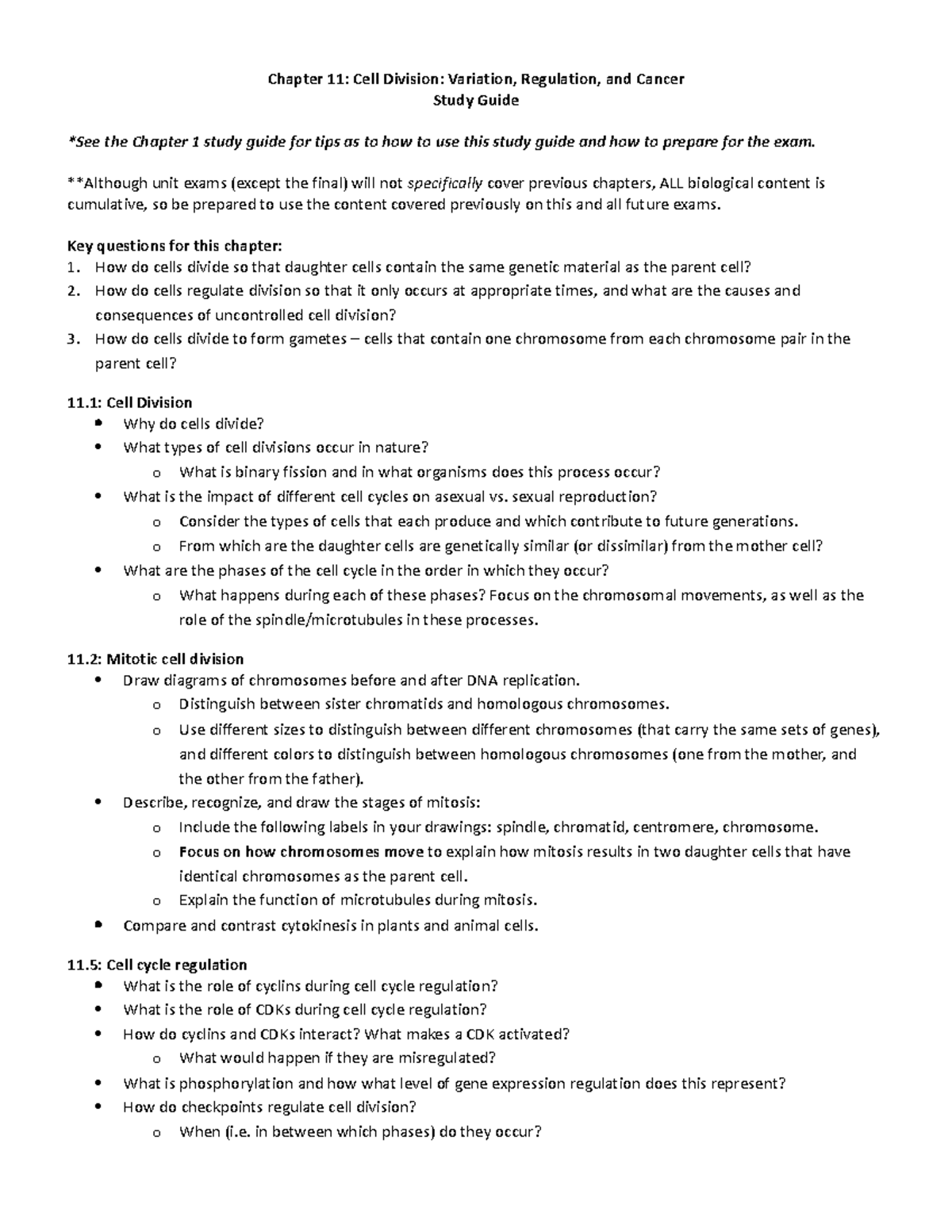 Chapter 11 study guide - Yhgg - Chapter 11: Cell Division: Variation ...
