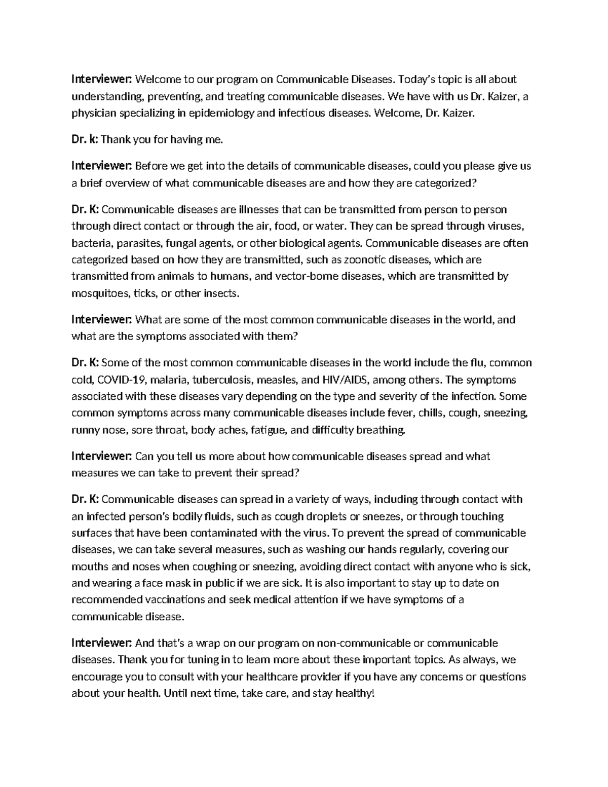 CD Script - Interviewer: Welcome to our program on Communicable ...