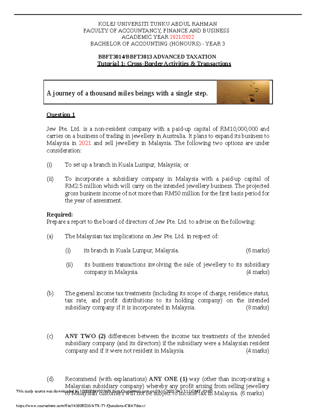 ATX T1 Questions CBAT - Advance taxation tutorial 1 - KOLEJ UNIVERSITI ...