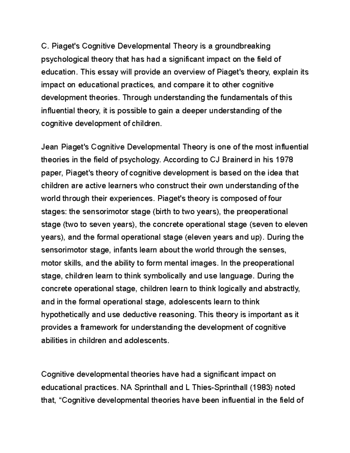 C. Piaget's Cognitive Developmental Theory - C. Piaget's Cognitive ...