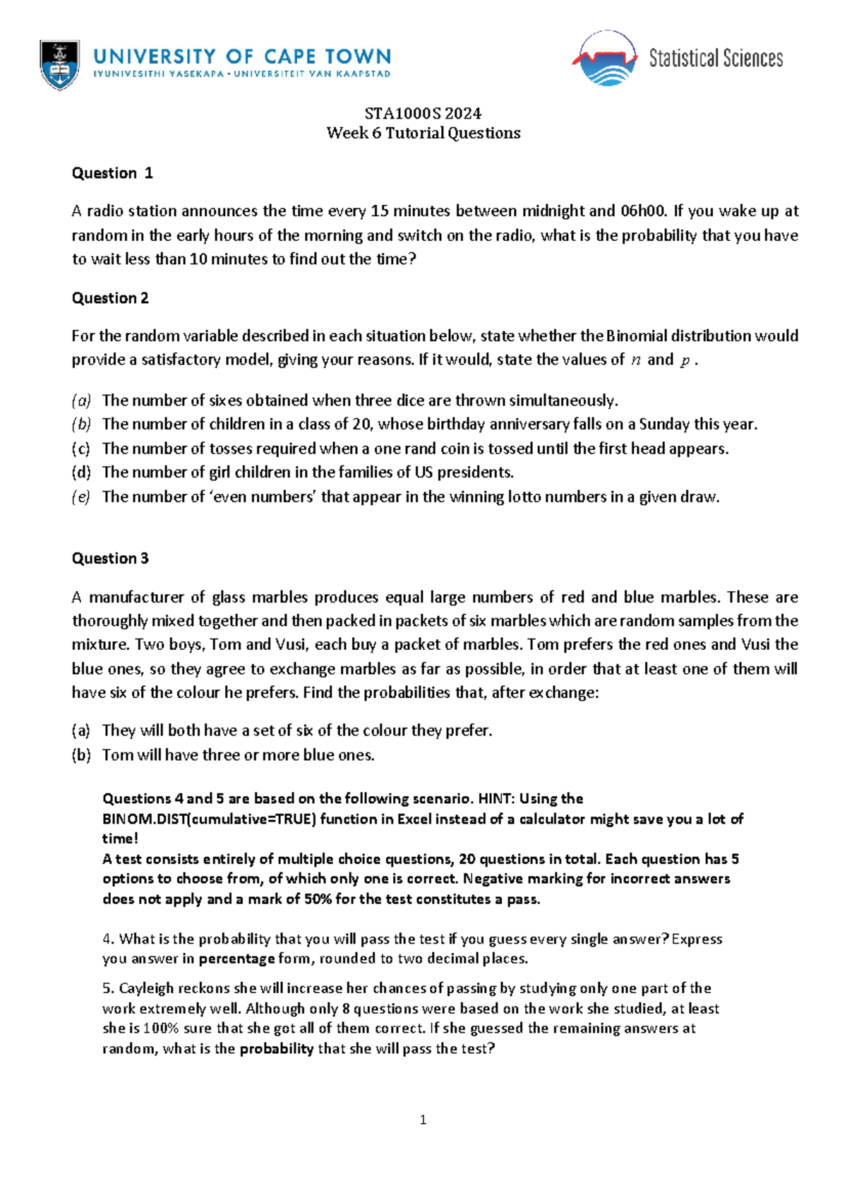 STA1000S 2024 Tutorial Week 6 - 1 STA1000S 2024 Week 6 Tutorial Questions Question 1 A radio ...