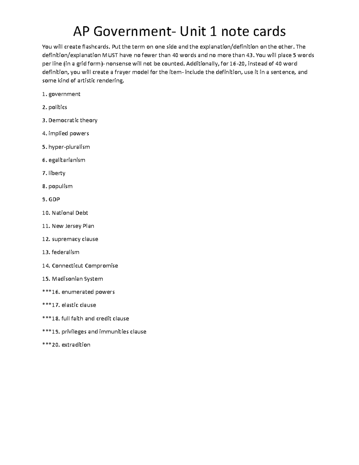 APG1- note cards - AP Government- Unit 1 note cards You will create flashcards. Put the term on ...