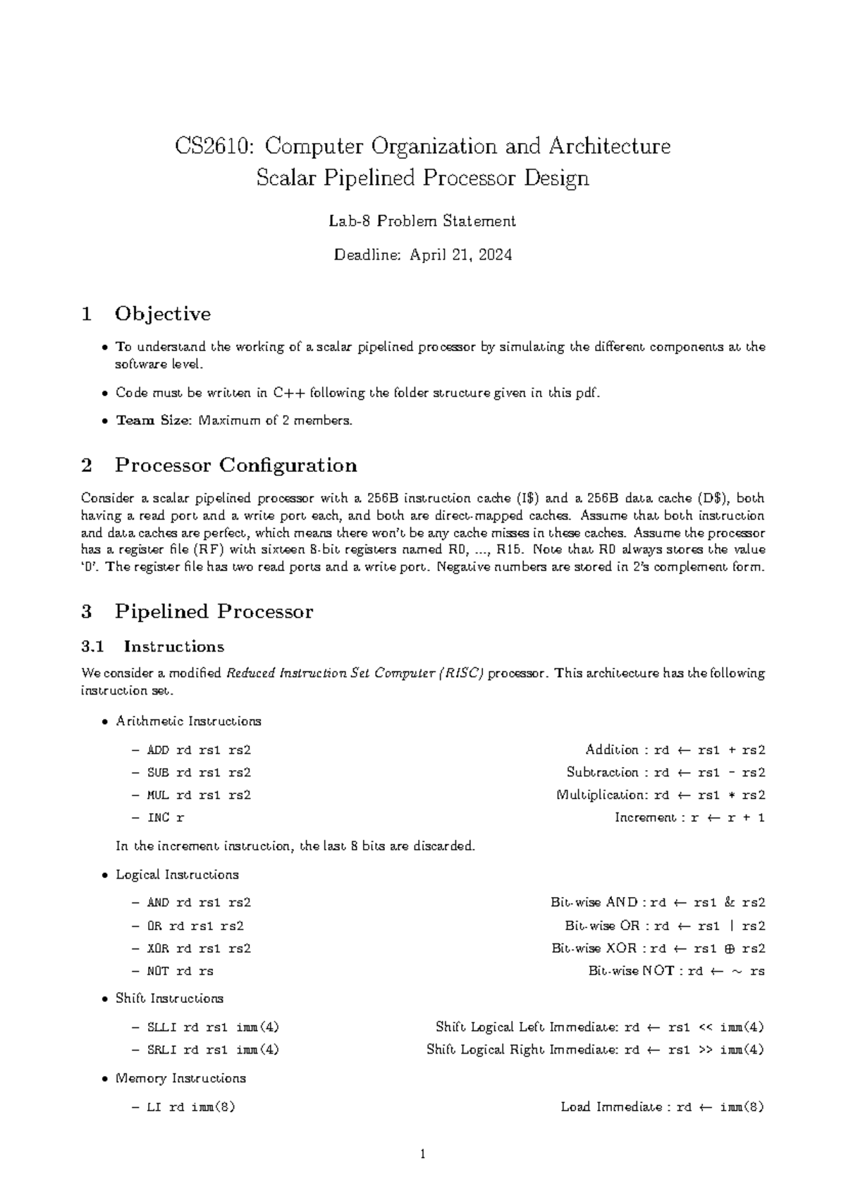 CS2610 Lab 8 Problem Statement - CS2610: Computer Organization and Architecture Scalar Pipelined ...