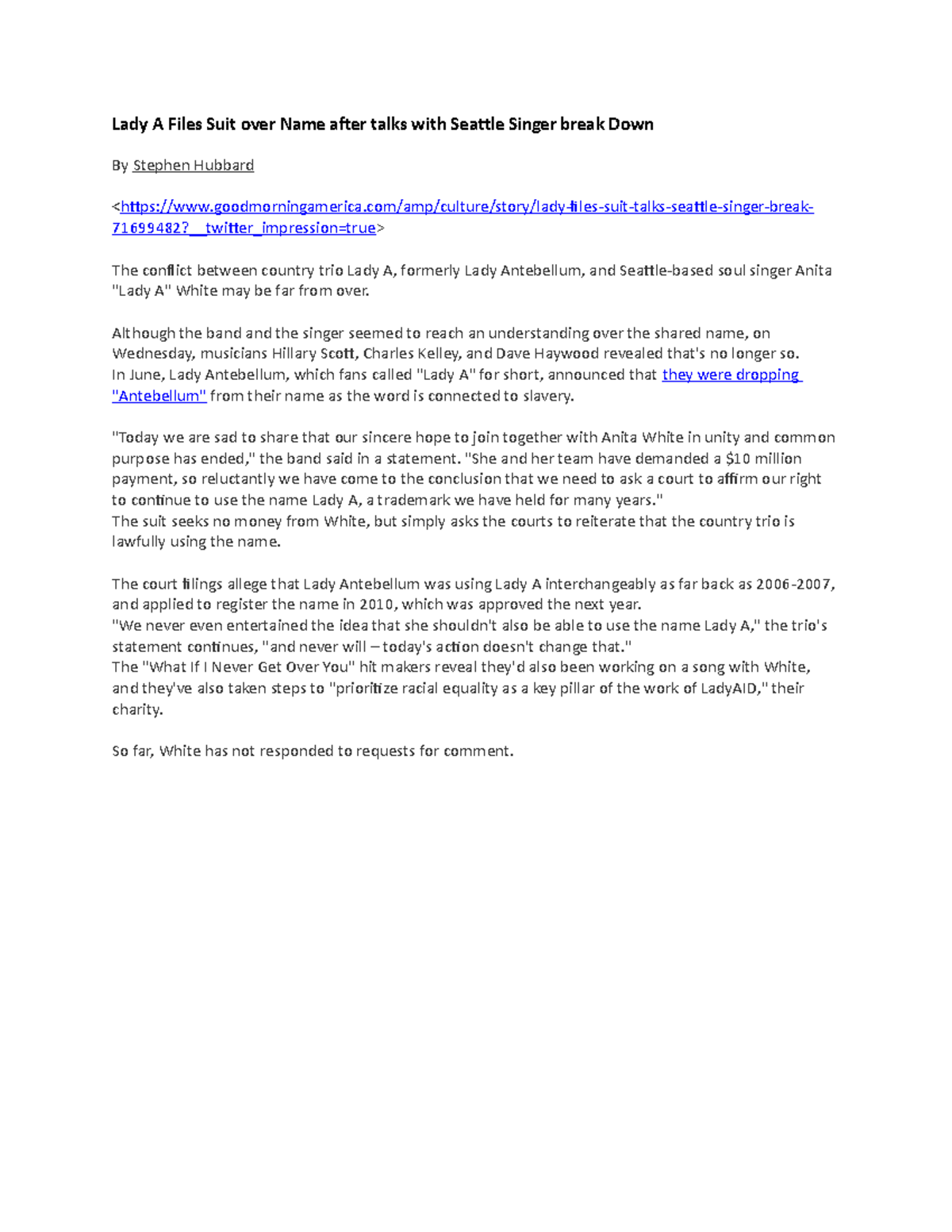 Lady A vs Lady Ante Bellum - Lady A Files Suit over Name after talks ...