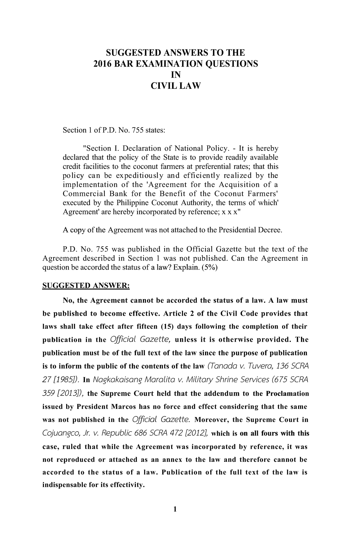 Civil-law-2016 - question and answers - SUGGESTED ANSWERS TO ...