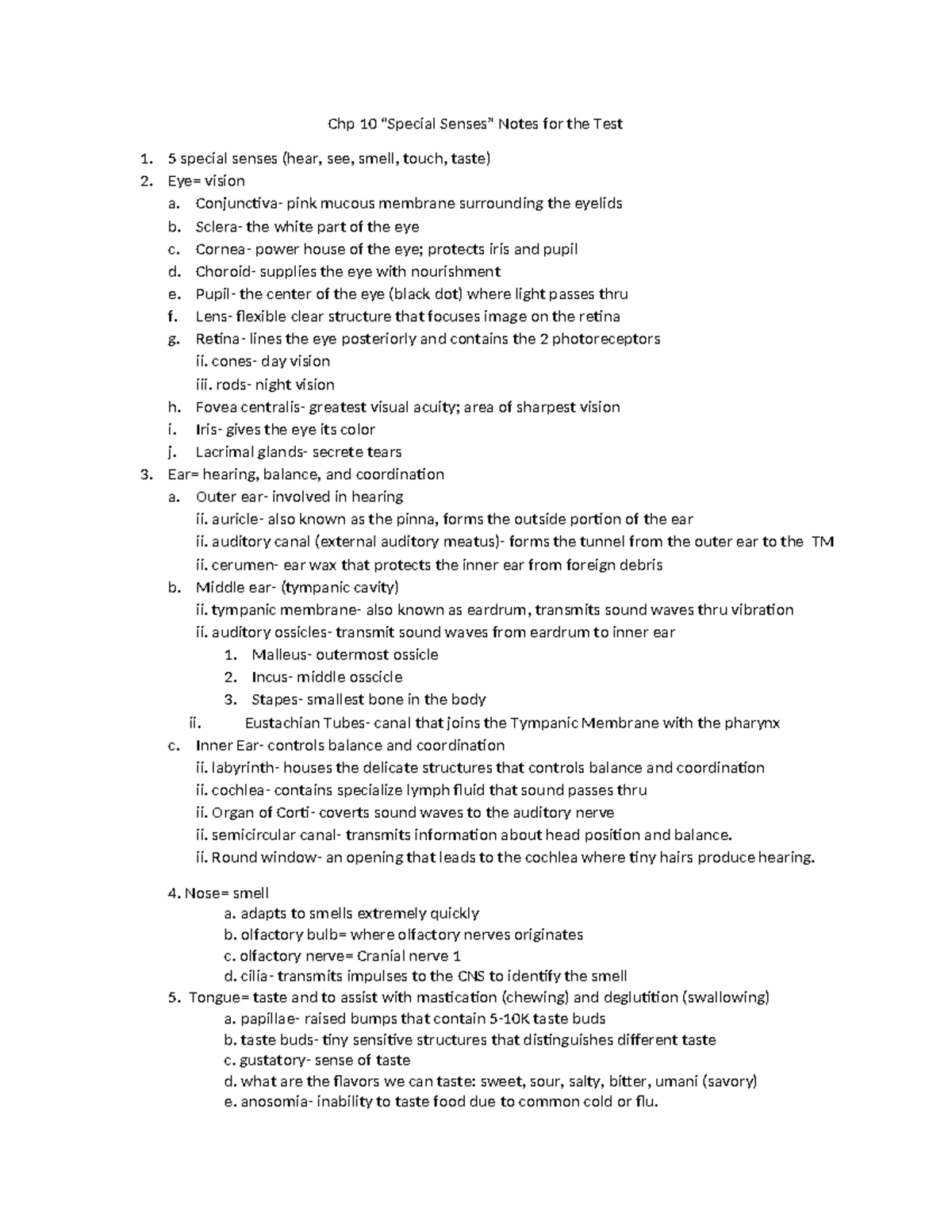 Chp 10 study guide - Chp 10 “Special Senses” Notes for the Test 5 ...