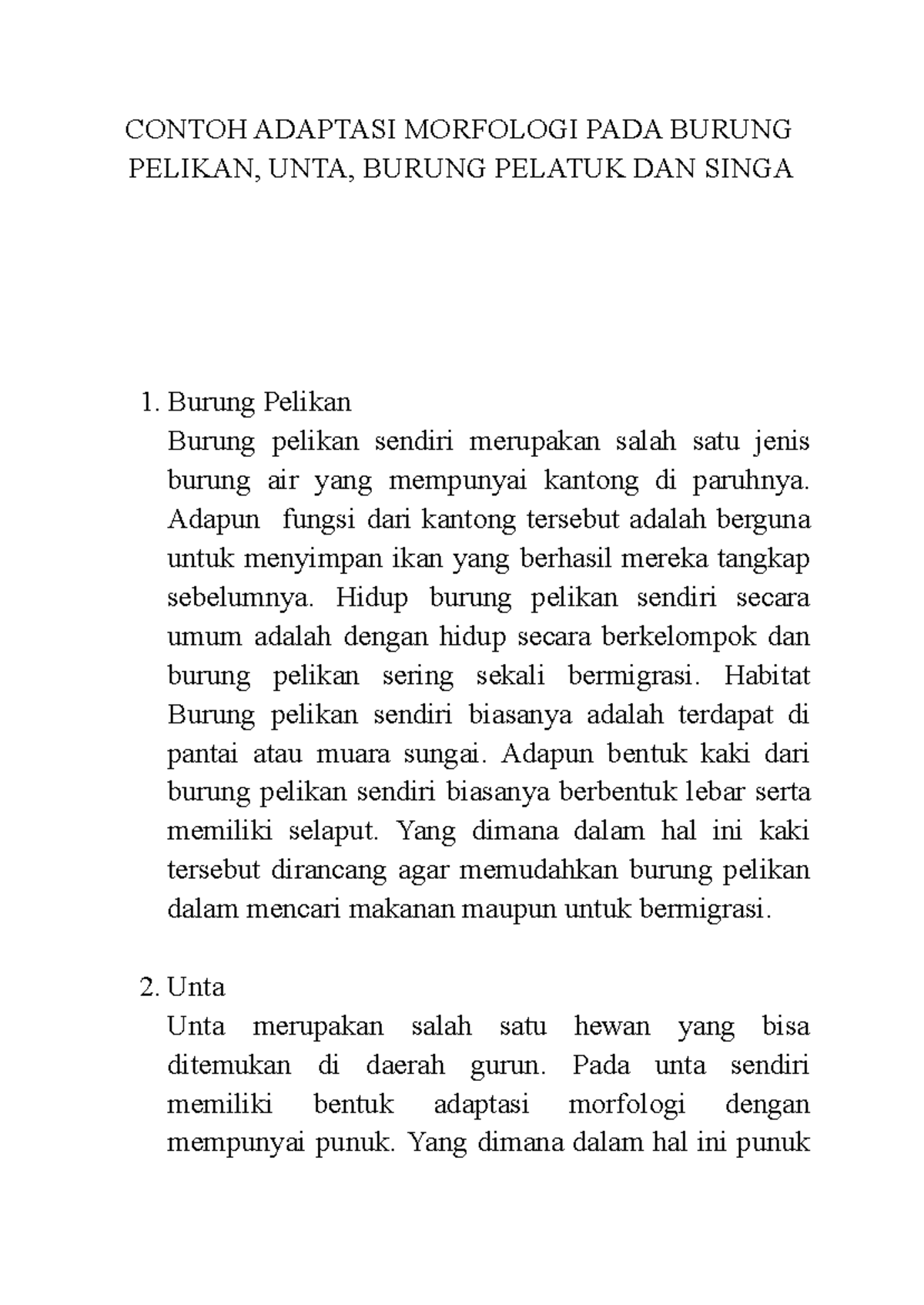 Contoh Adaptasi Morfologi PADA Burung Pelikan, UNTA, Burung Pelatuk DAN ...