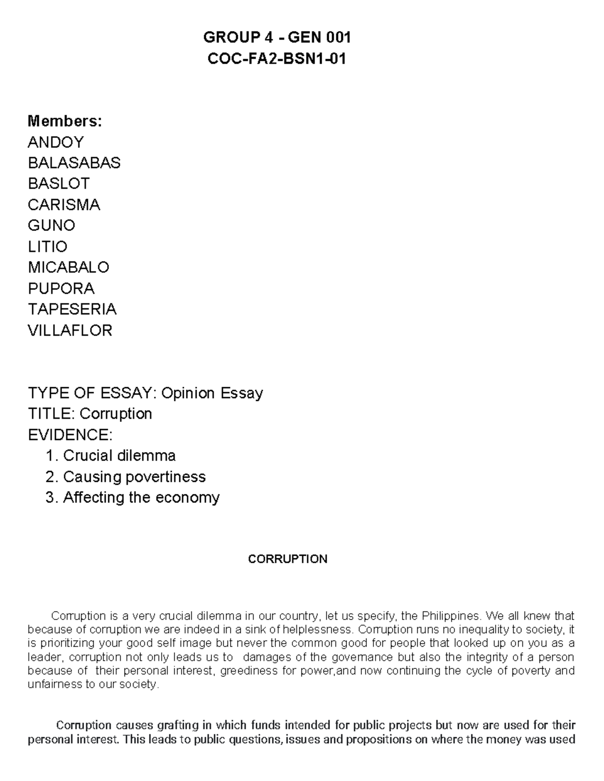 Opinion Essay - Group 1 - ambot ana - GROUP 4 - GEN 001 COC-FA2-BSN1 ...