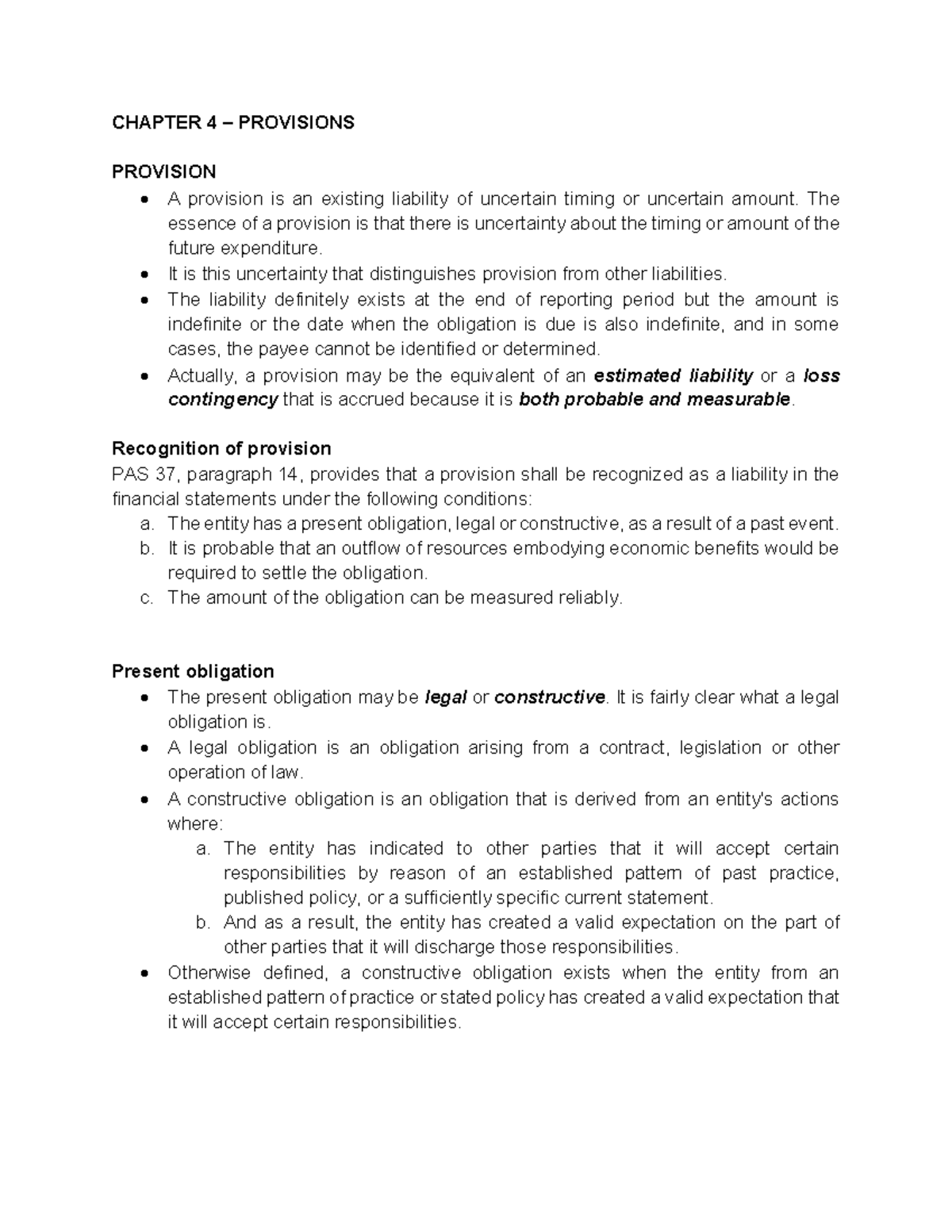 Chapter 4- Provisions ( Contingent Liability) - CHAPTER 4 – PROVISIONS ...