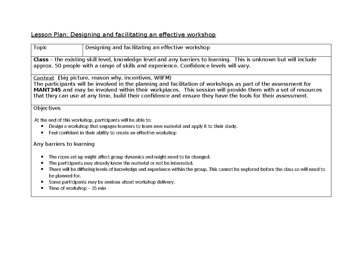 Lesson Plan Designing a workshop 2023 - Lesson Plan: Designing and ...