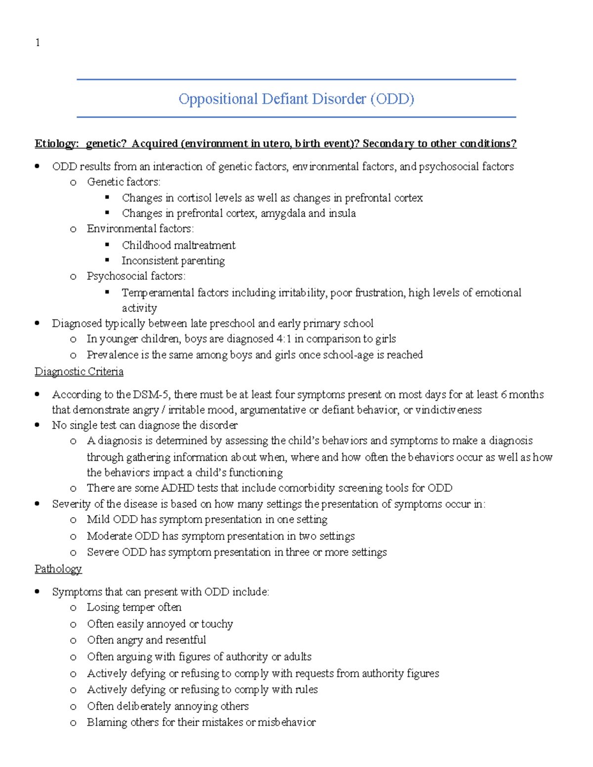OT 360 Notes - professor - Dr. Cote - Oppositional Defiant Disorder ...