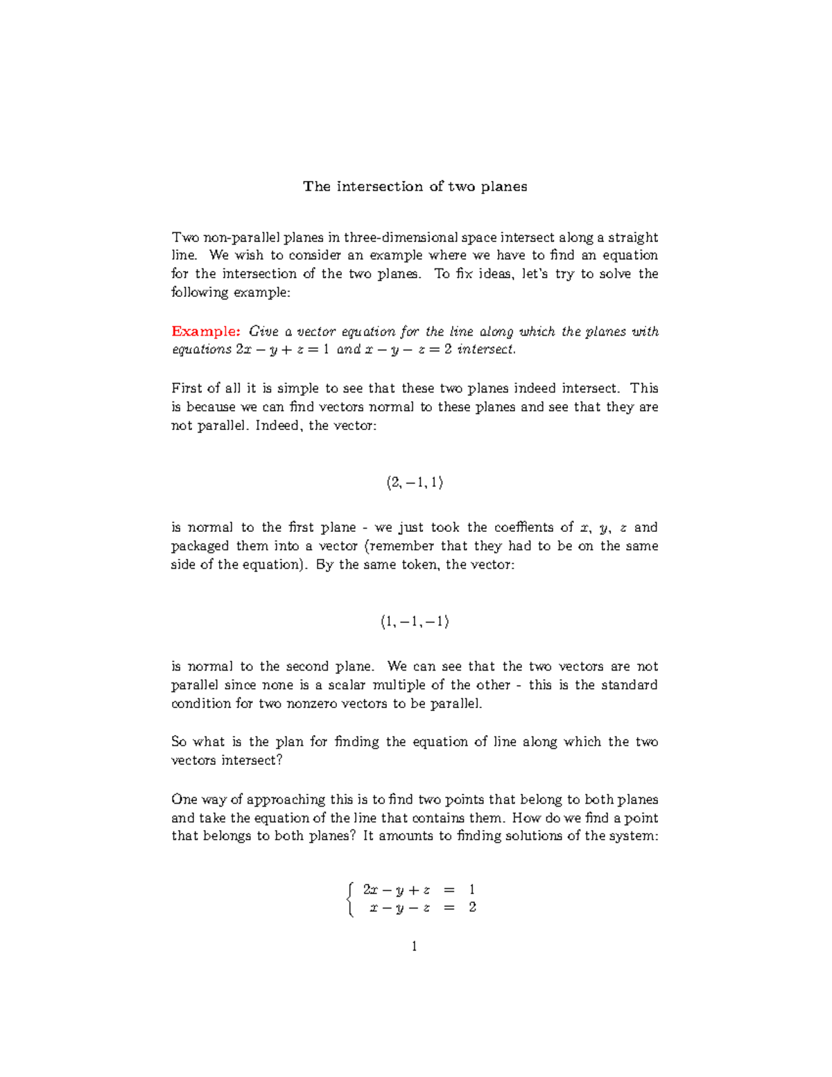 Intersection of two planes - The intersection of two planes Two non ...