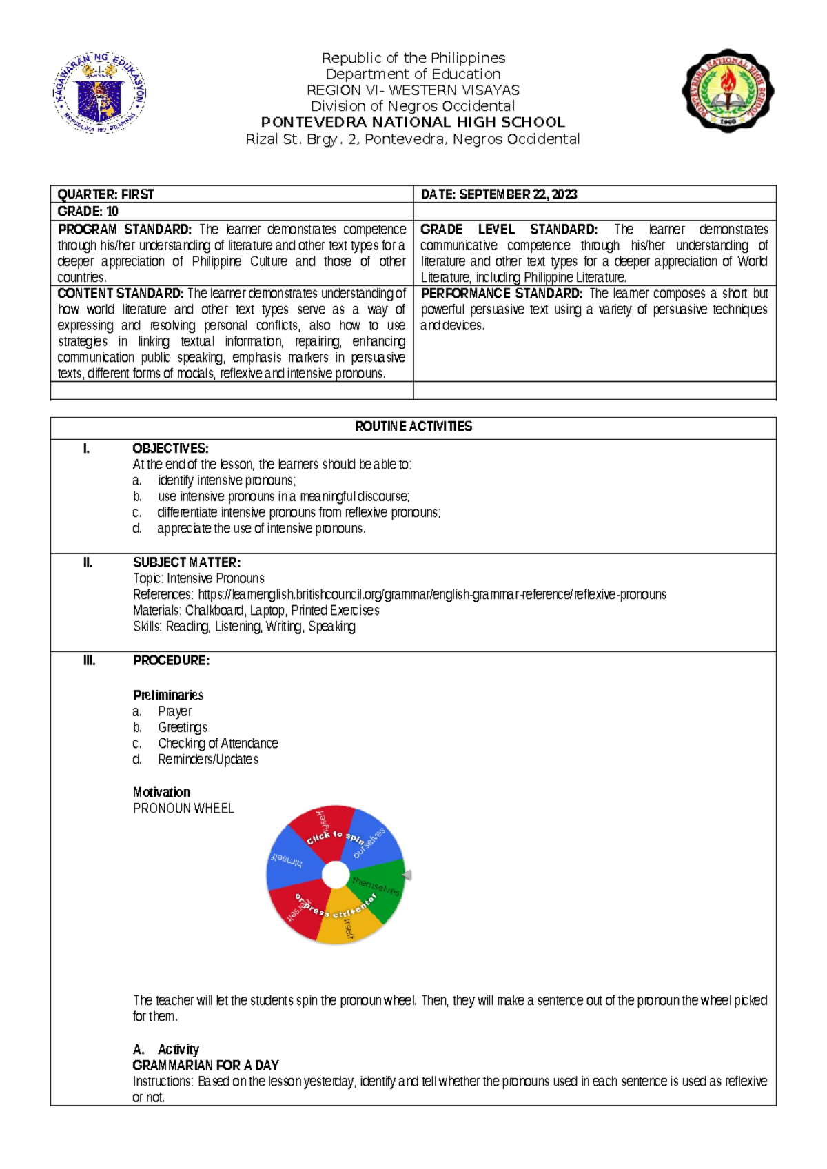 SAMPLE LESSON PLAN - Republic of the Philippines Department of ...