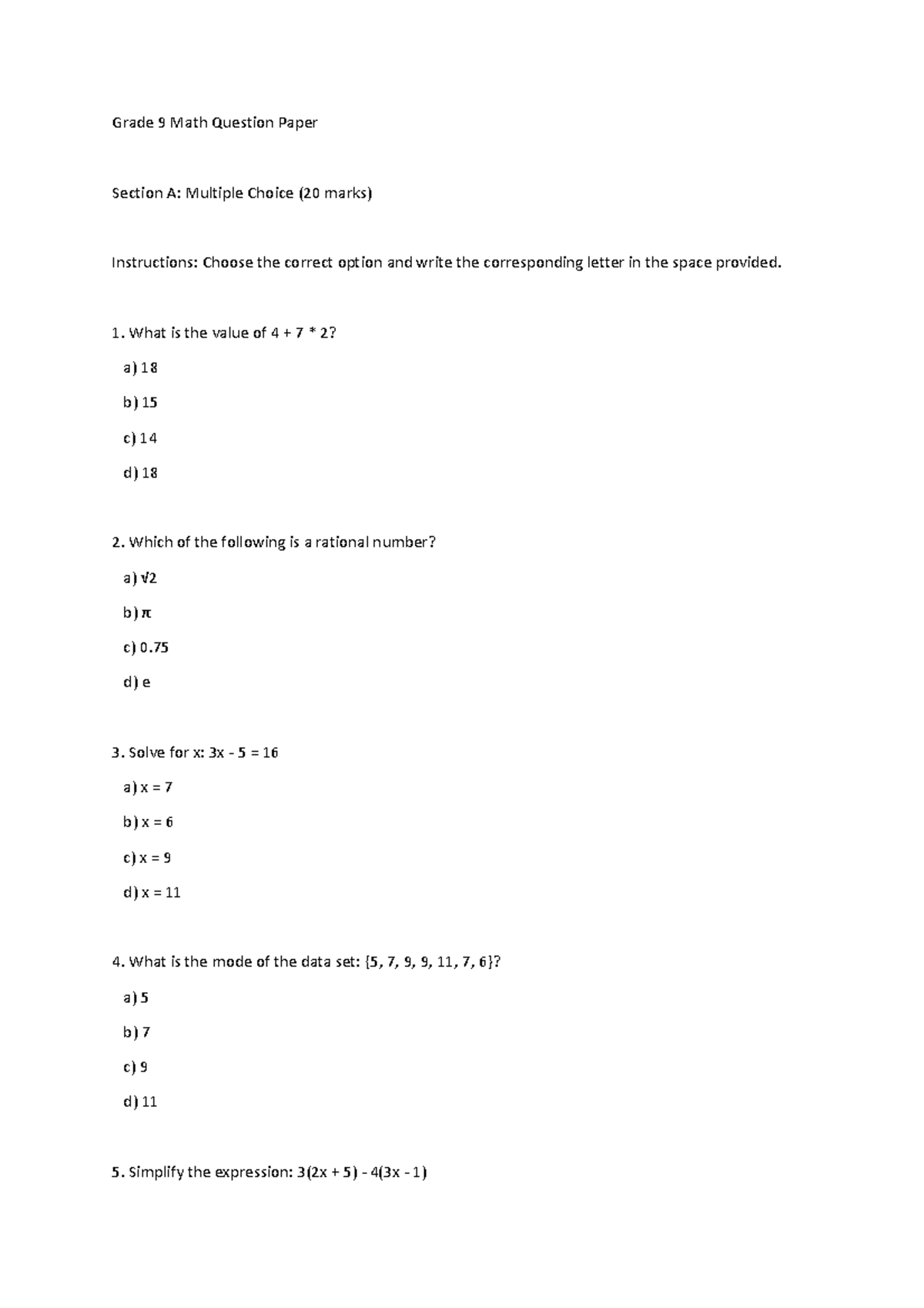 Grade 9 Math Question Paper 73647567454 - Grade 9 Math Question Paper ...