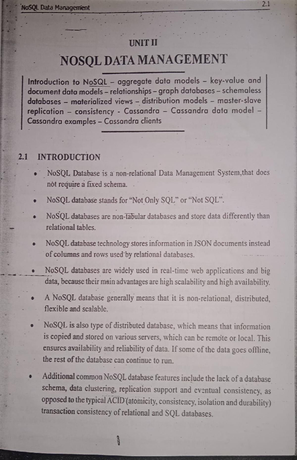 BDA unit 2 - Unit 2 - ltOSQ. Data Management UNIT II .NOSQL DATAMANAGEMENT Introduction to NoSQL ...