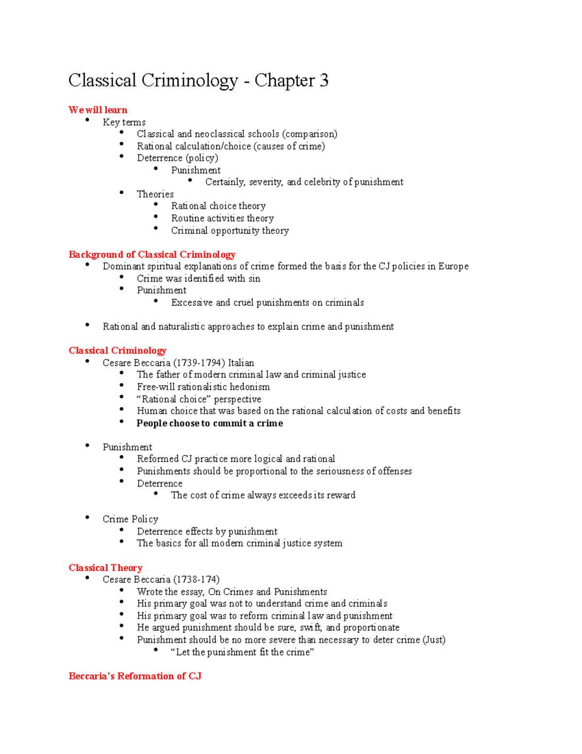CJ 3270 Chapter 3 - Notes about Classical Criminology - Classical ...