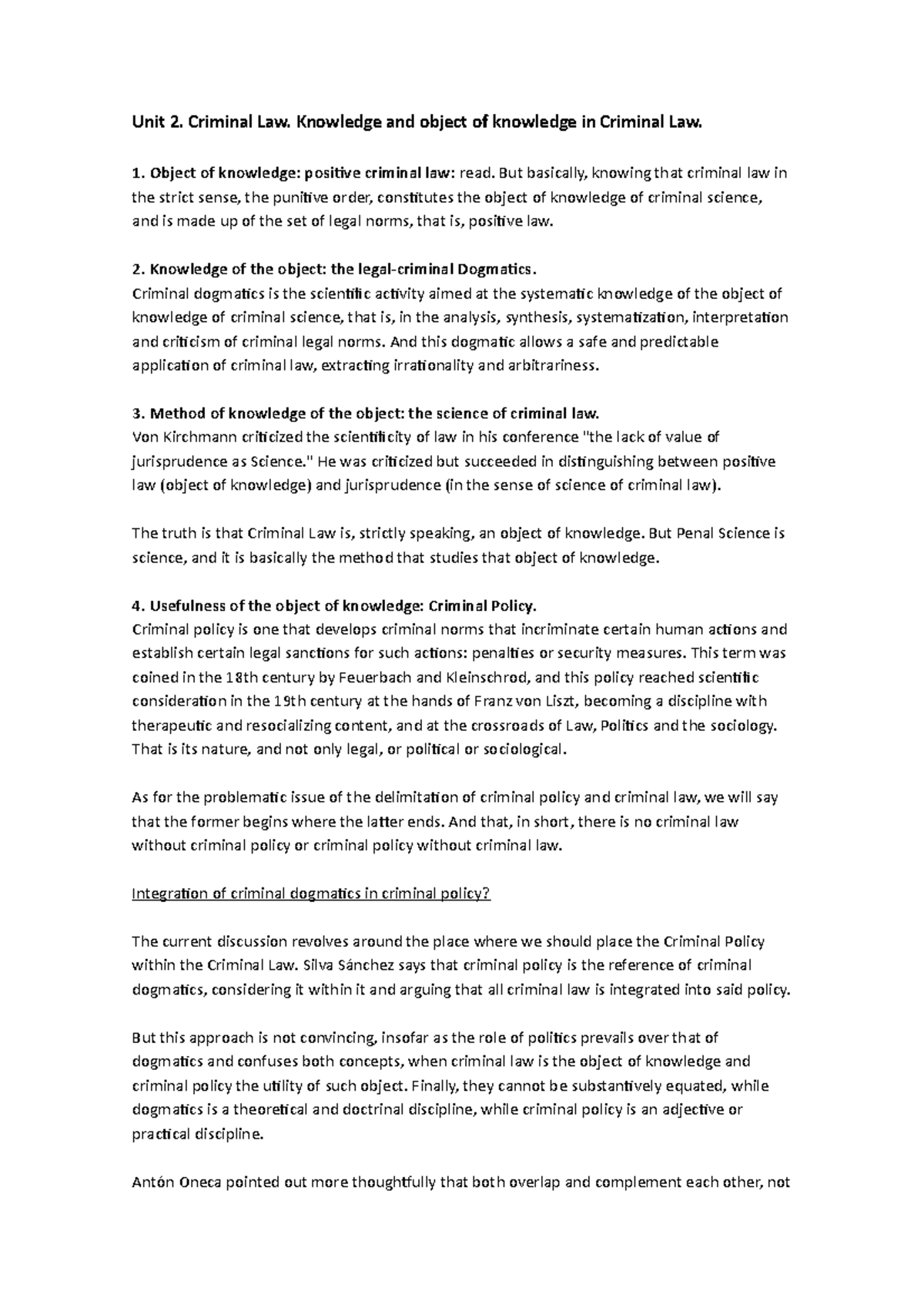 Lesson 2 - Lecture notes 2 - Unit 2. Criminal Law. Knowledge and object ...