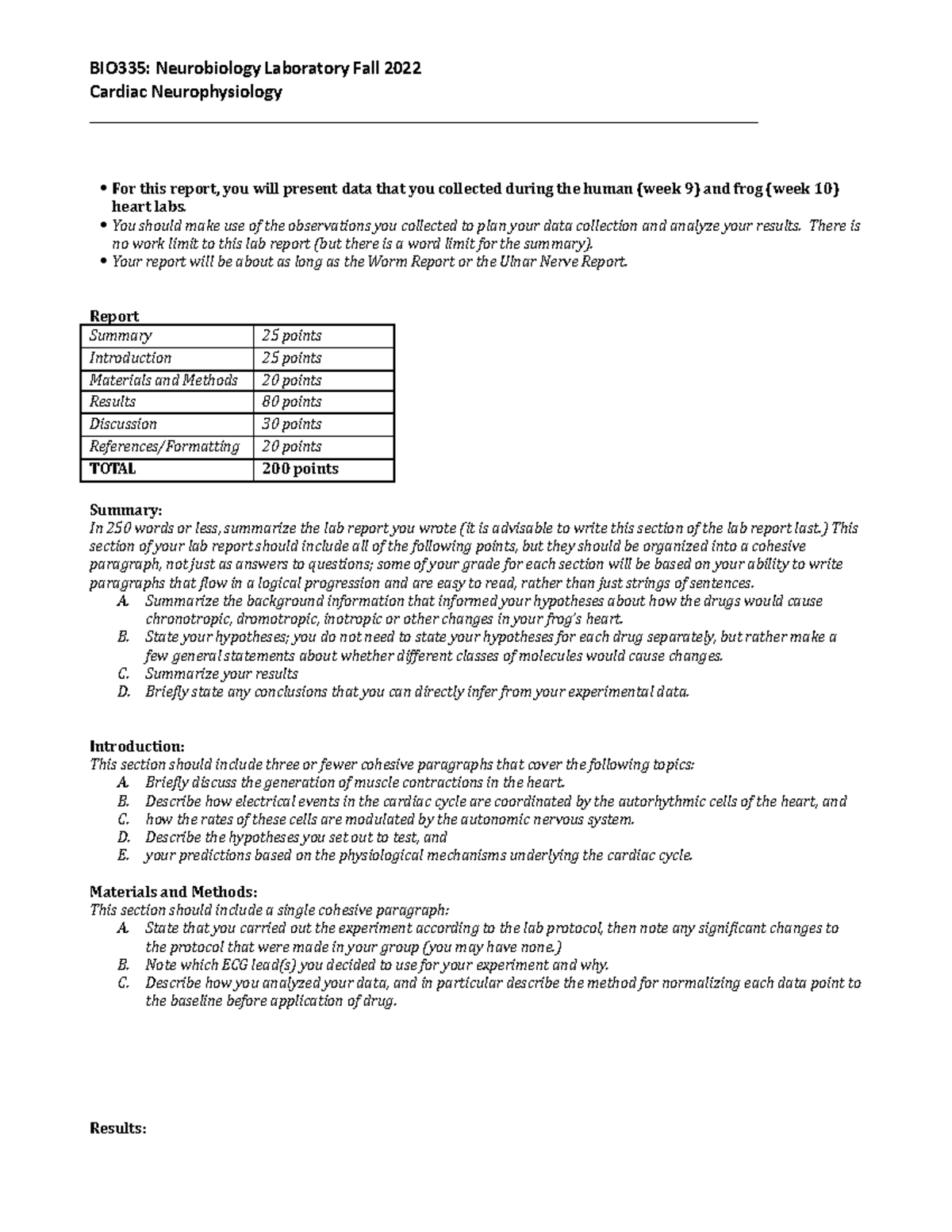 Cardiac Lab Report Format 2022 - BIO335: Neurobiology Laboratory Fall ...