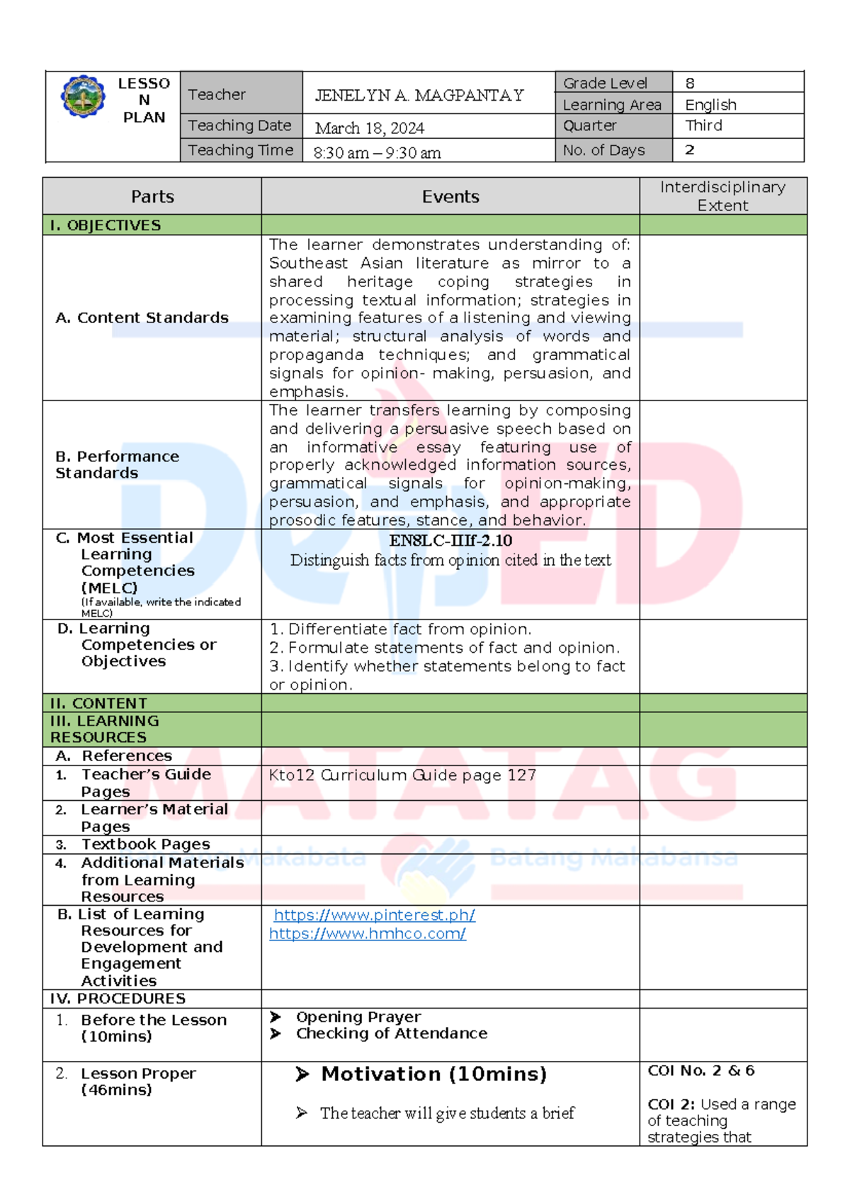 Lesson Plan Grade 8 - LESSO N PLAN Teacher JENELYN A. MAGPANTAY Grade ...