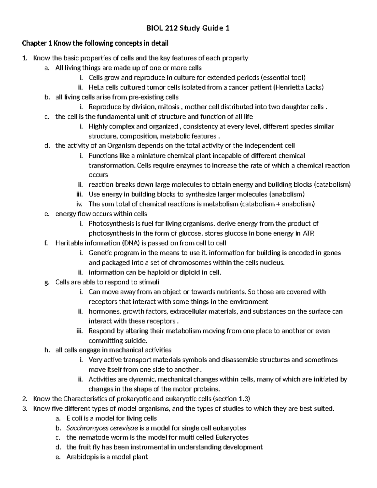 BIOL 212 Study Guide 1: chapters 1-3 - BIOL 212 Study Guide 1 Chapter 1 ...