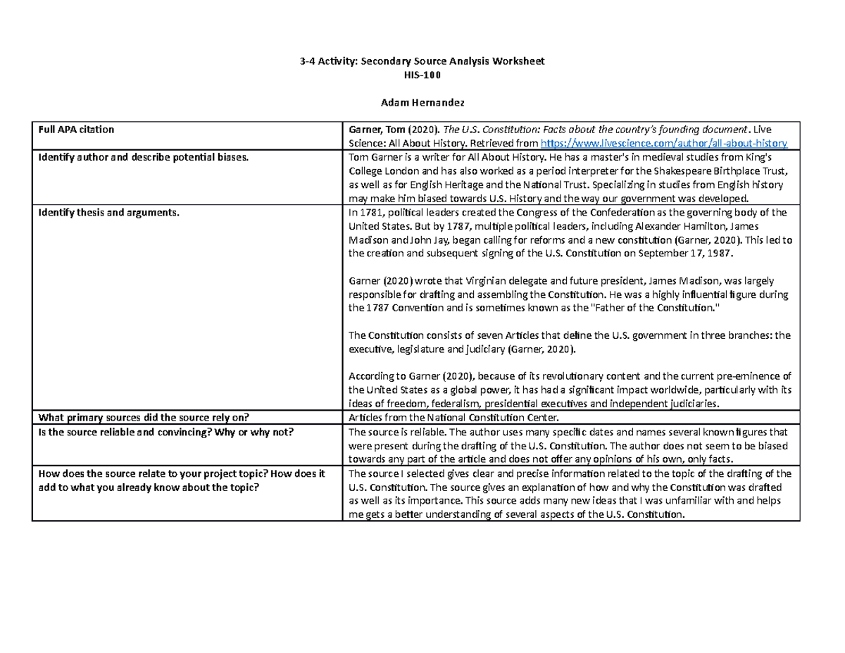 HIS wk3 3-4 secondary source analysis worksheet - 3-4 Acivity ...