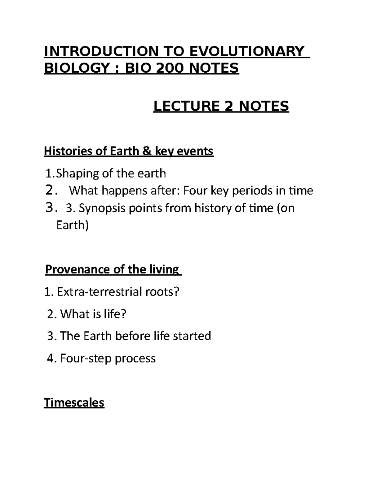 Introduction TO Evolutionary Biology - BIO 200 Notes Lecture 2 Notes ...