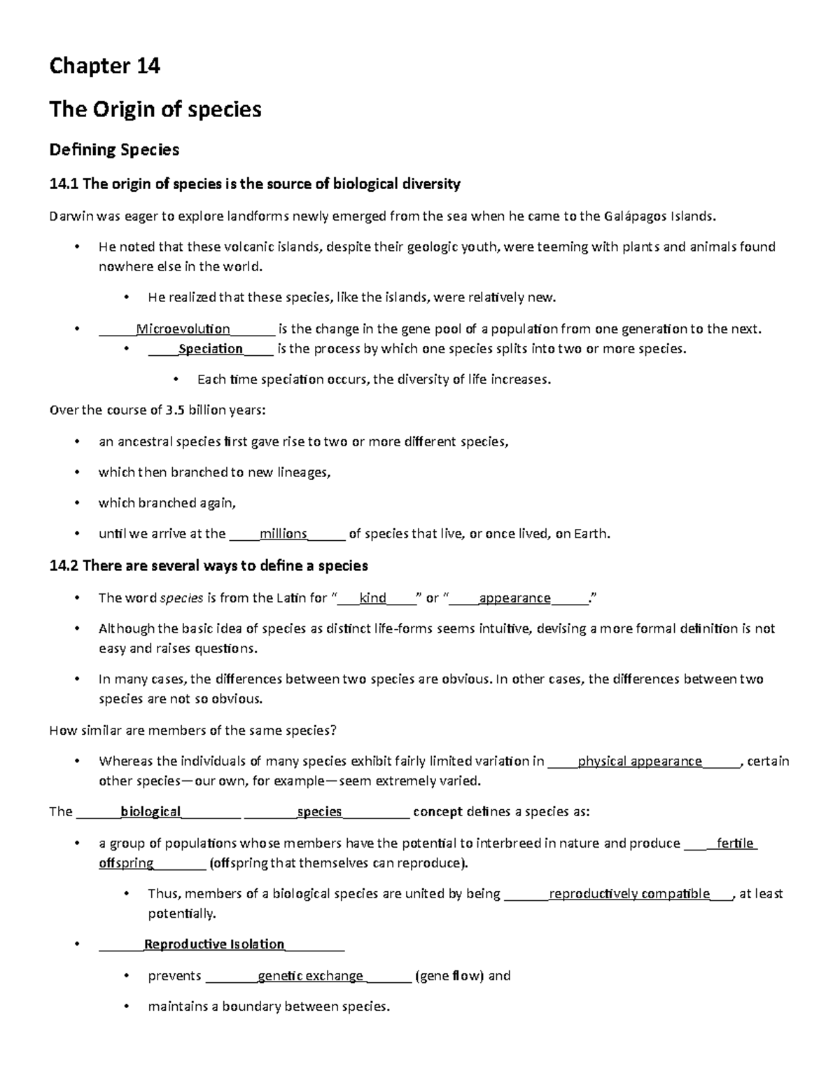 Chapter 14 - Biology 1407 outline notes, filled in from Dr. Burns ...