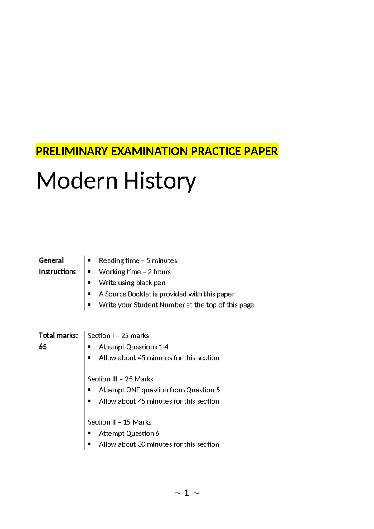 Practice Paper - PRELIMINARY EXAMINATION PRACTICE PAPER Modern History ...