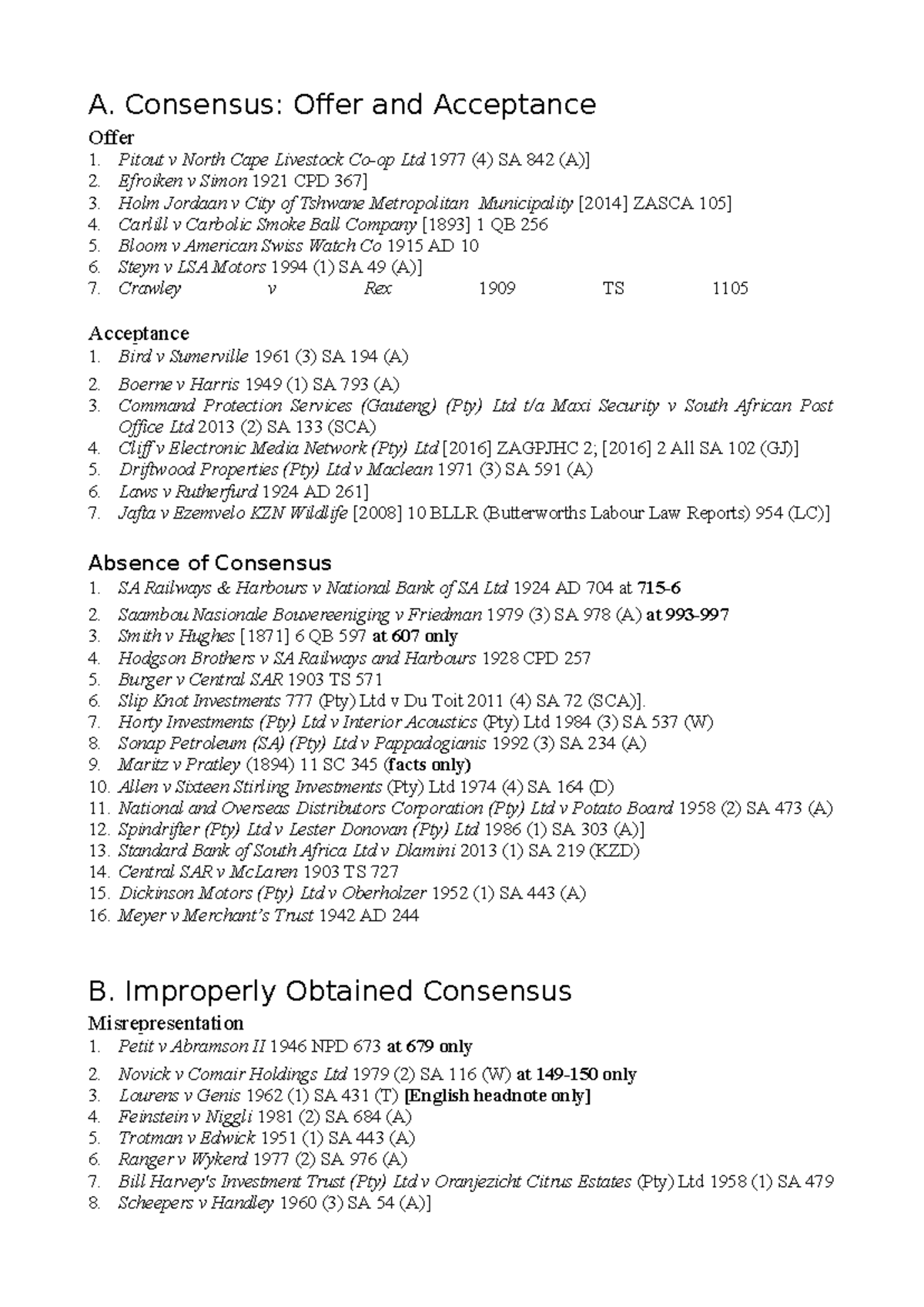 Contract Law Case List - A. Consensus: Offer and Acceptance Offer 1 ...