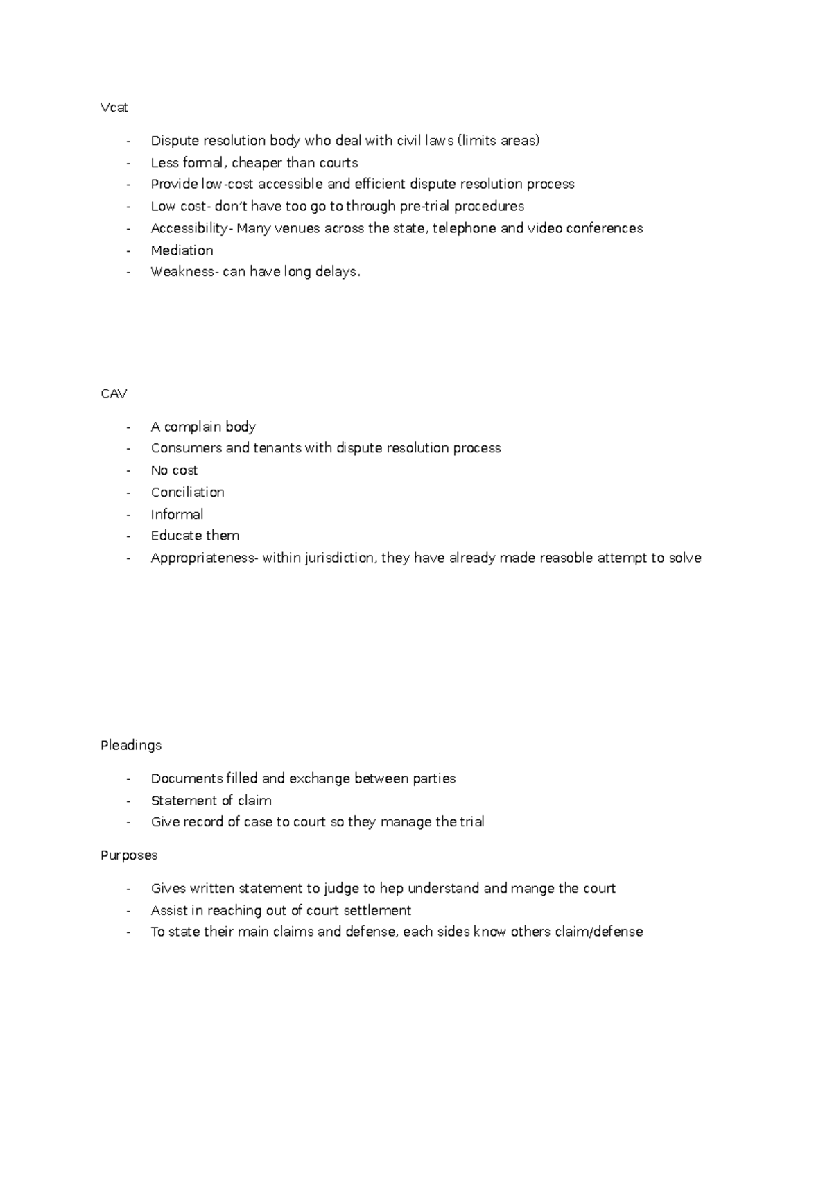 Unit 3 aos 2 dot points - legal notes - Vcat Dispute resolution body ...