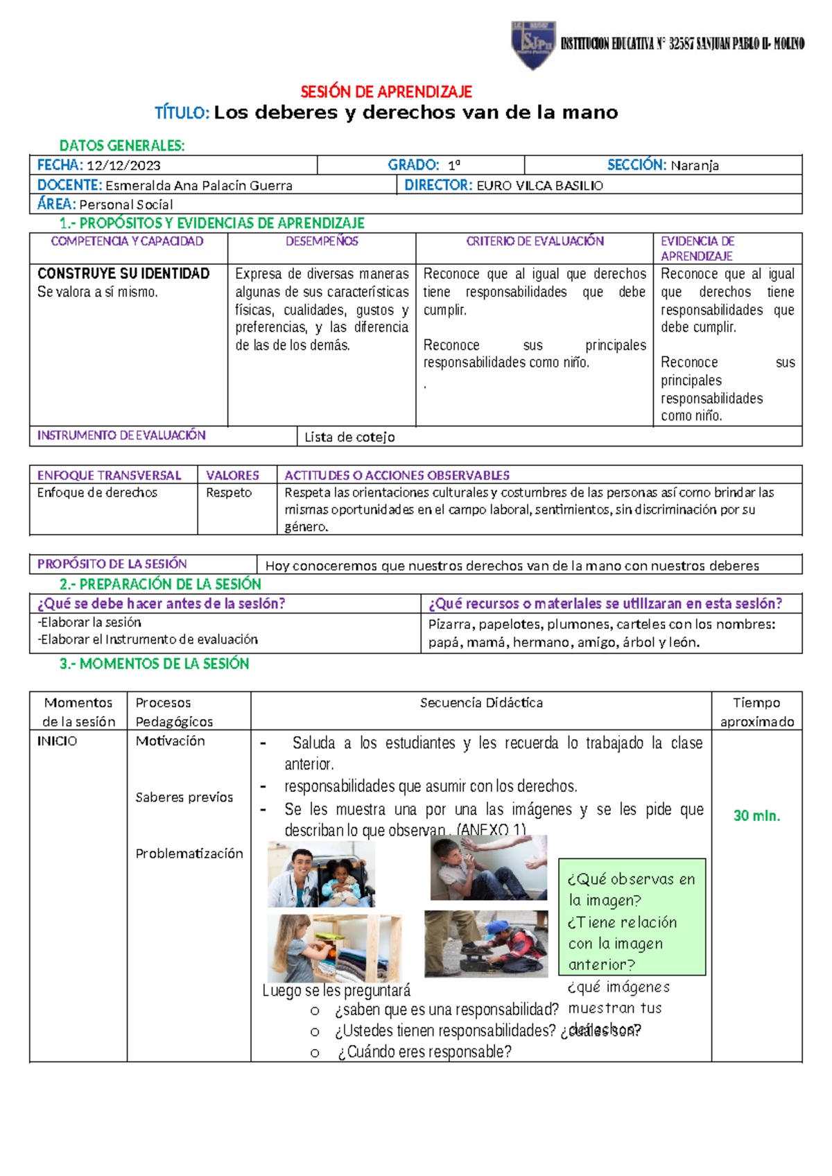 Sesion DE Personal LOS Deberes - SESIÓN DE APRENDIZAJE TÍTULO: Los ...