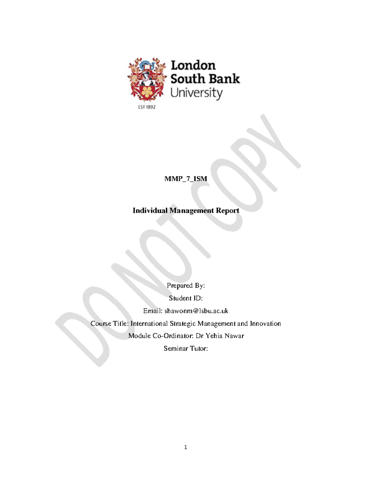 ISMI Sample Assignment 1 - MMP_7_ISM Individual Management Report ...