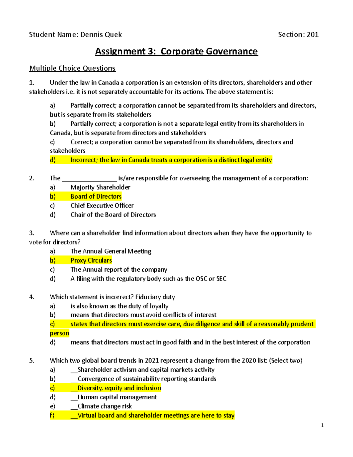 Worksheet for Assignment 3 Corporate Governance - Student Name: Dennis ...