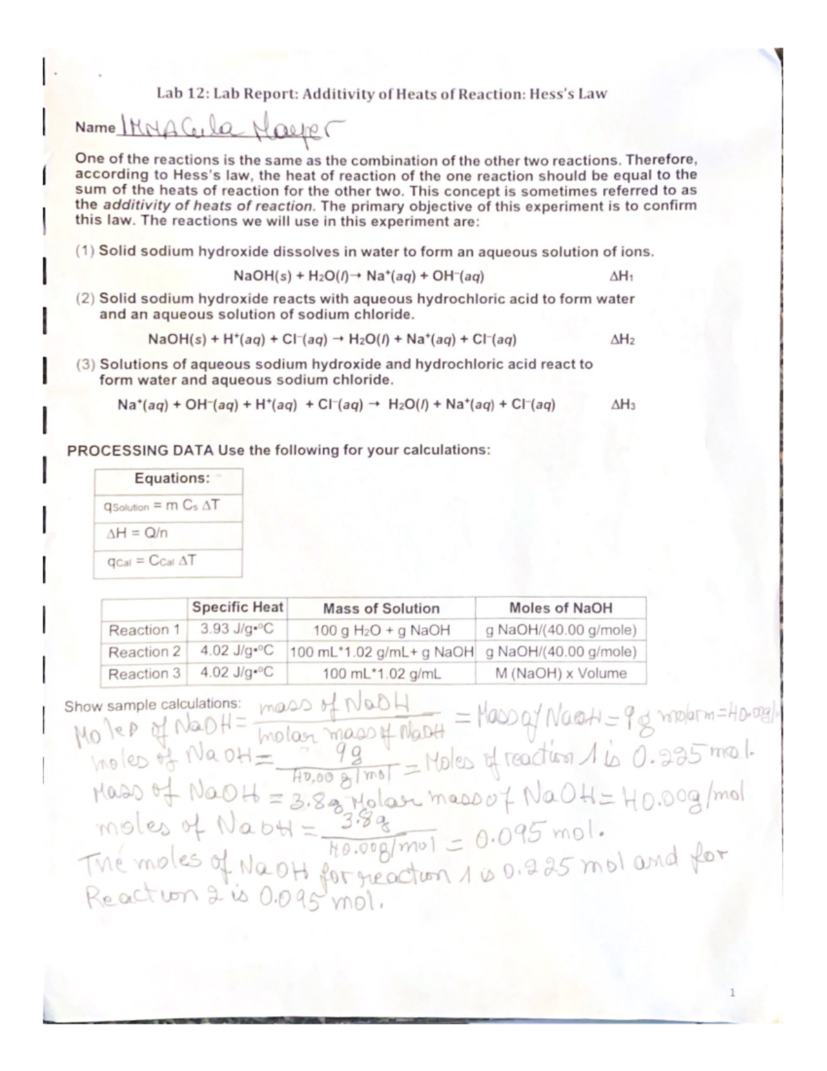 Lab 12 Lab Report Additivity of Heats of Reaction Hess's Law ...